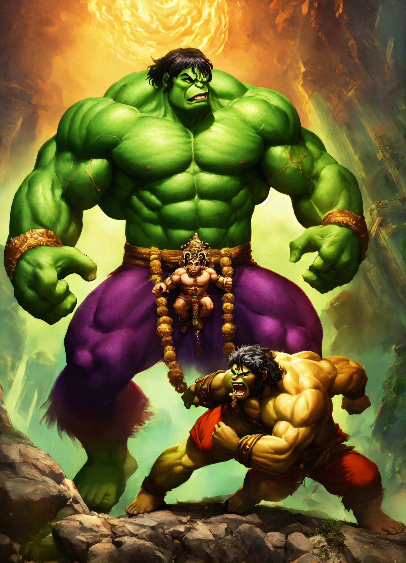 Lexica - Show Lord Hanuman fighting with Hulk and where Hulk is in pain ...