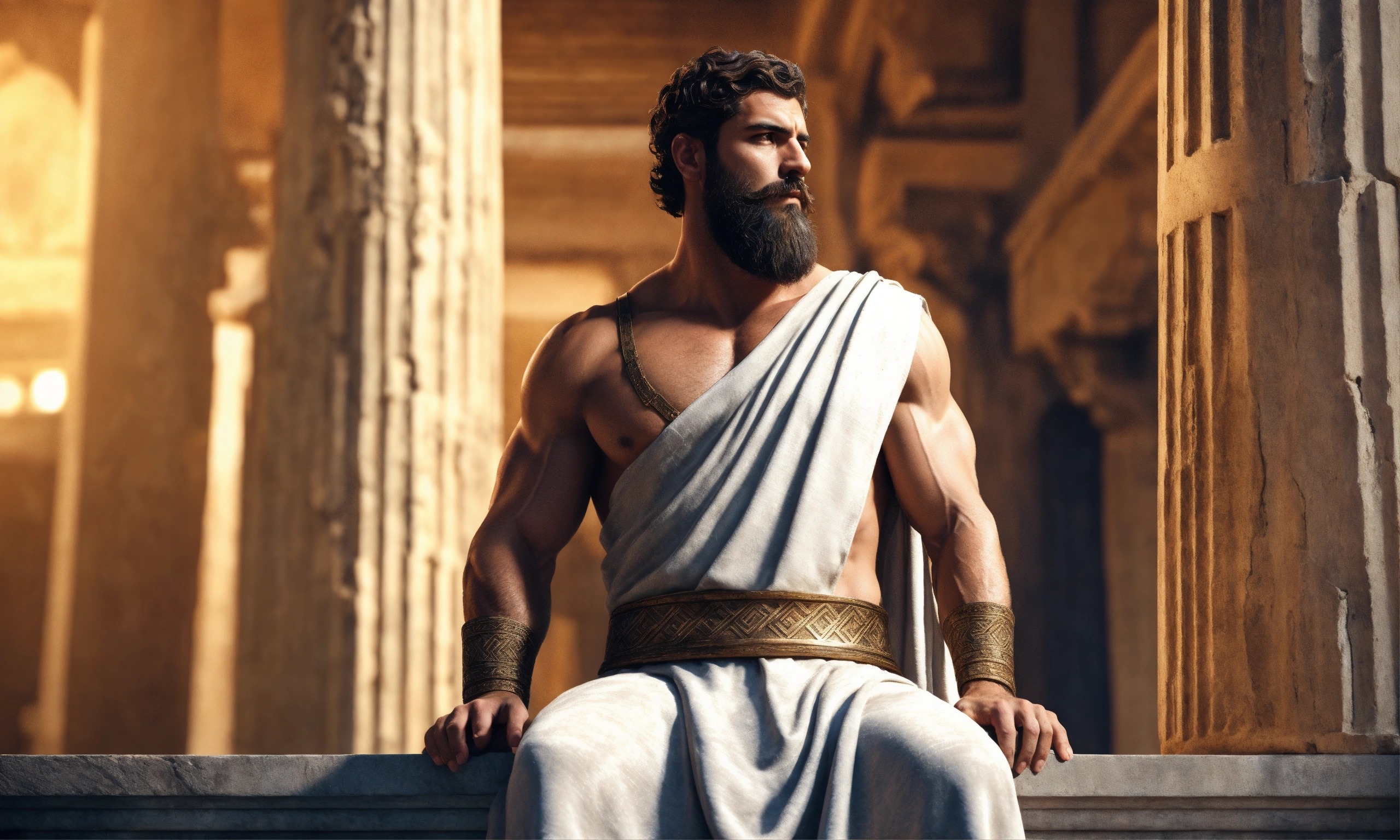 Lexica - Stoic man, dressed like a Greek, attractive, muscular, bearded ...