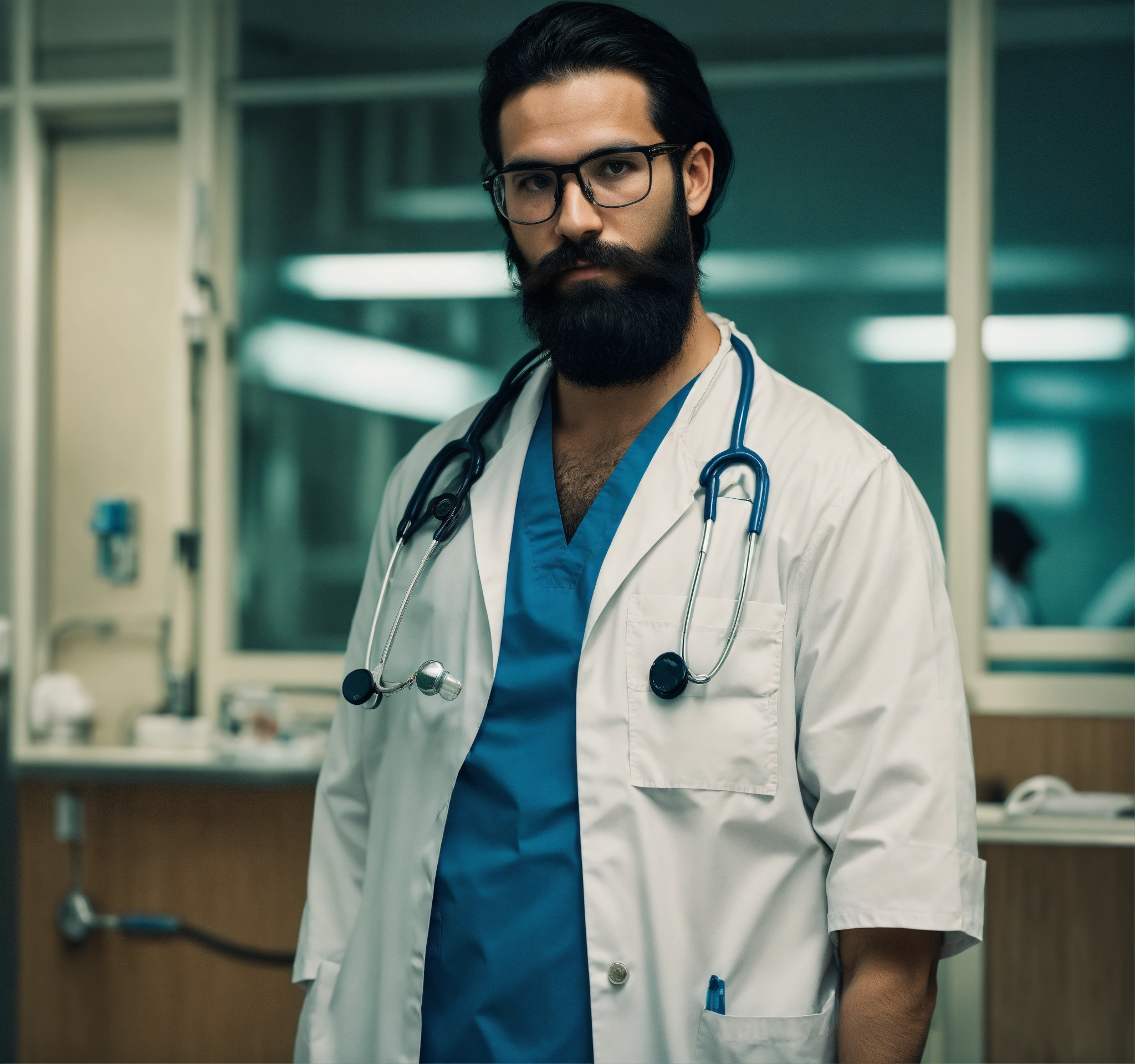 Lexica - Hospital nurse man with black long hair, and thin beard with ...