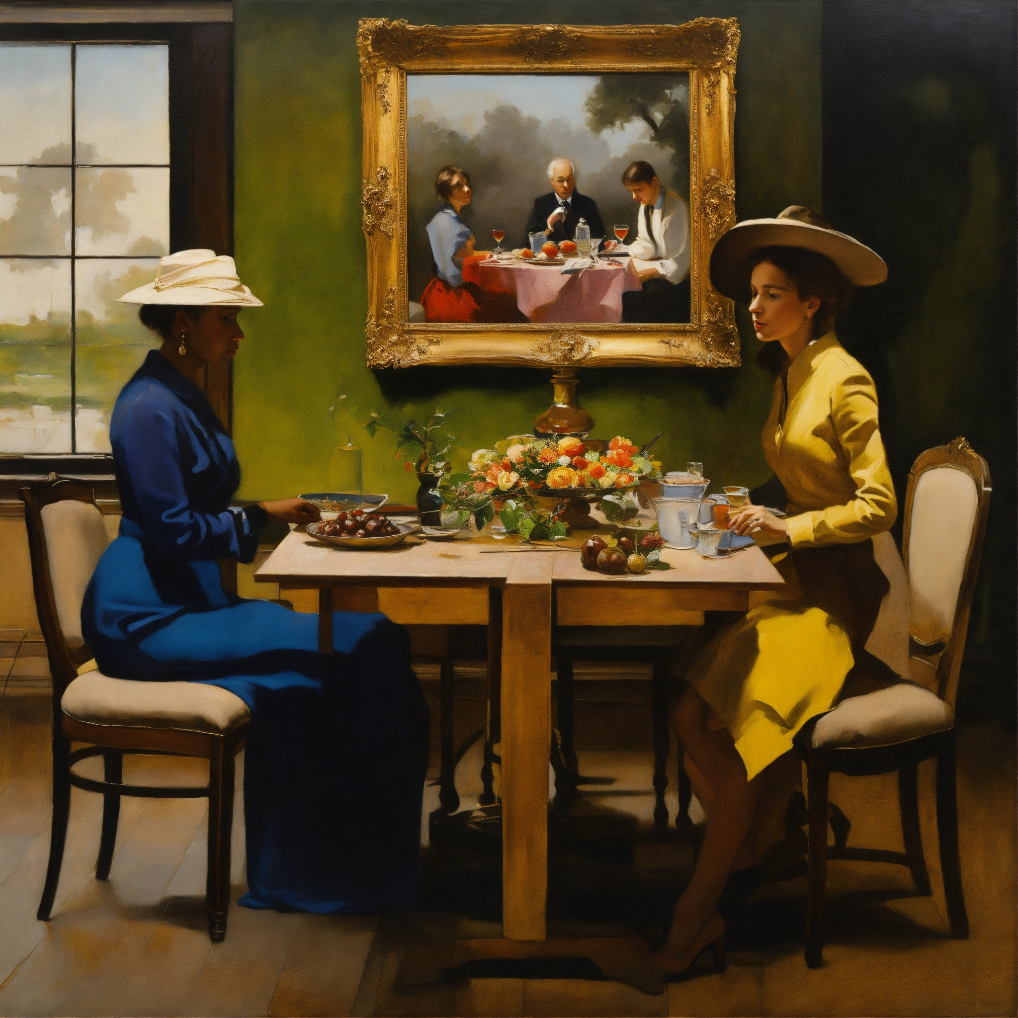 Lexica - 2 woman tallking in table in oil painting style charles jones ...