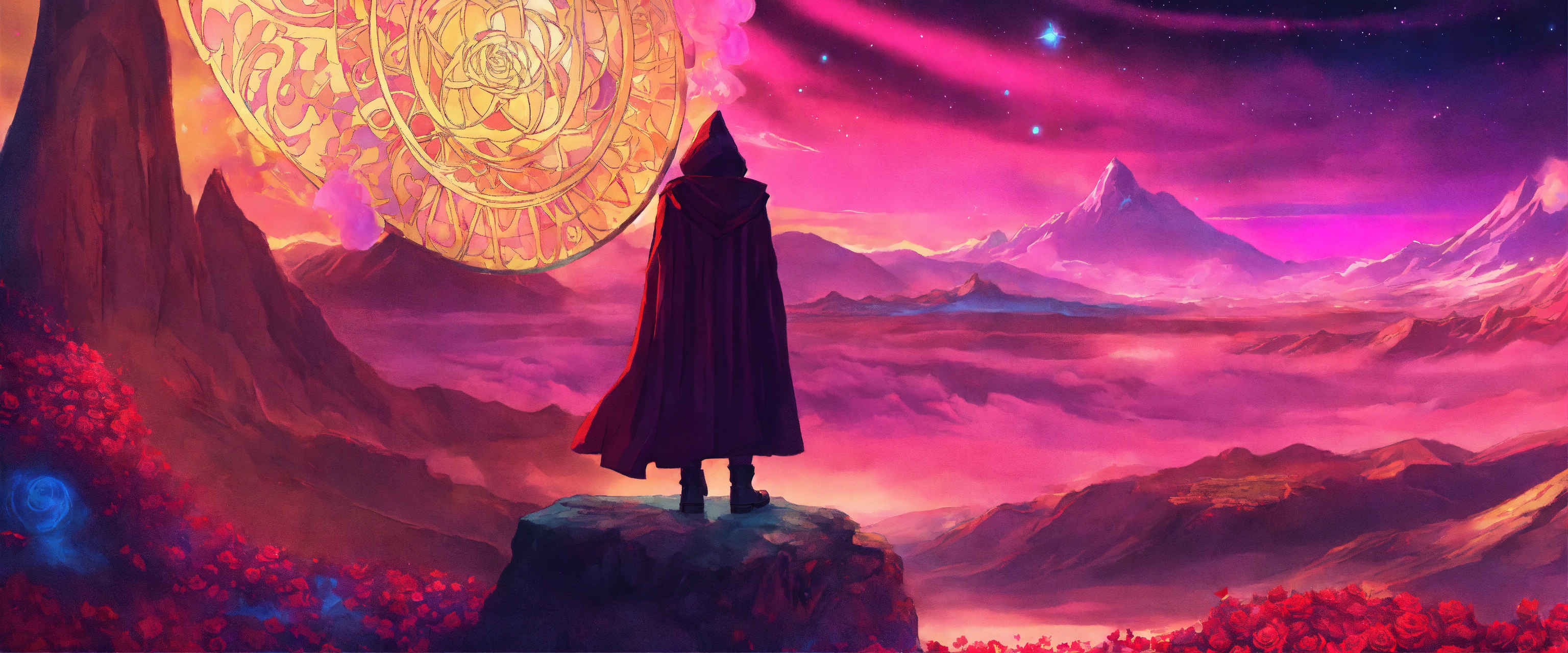 Lexica - Hooded mage is gazing over his domain, rose psychedelic ...