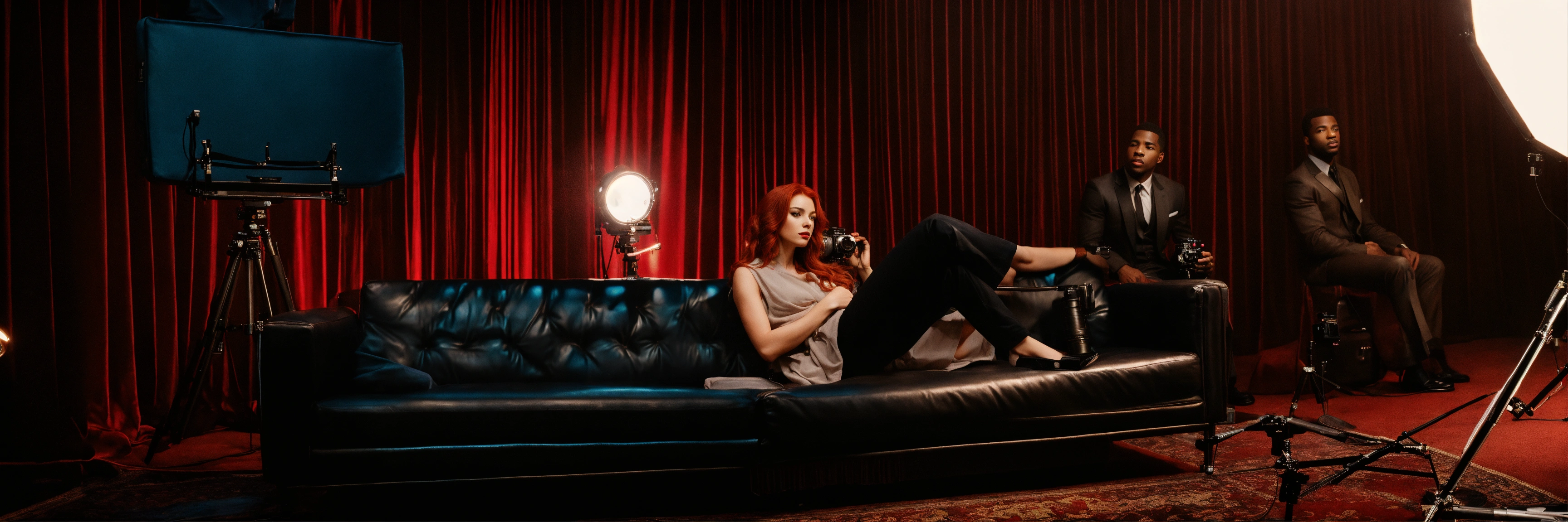 Lexica - Dark aesthetic long shot, a charming redhead woman and dark black male gentleman ...