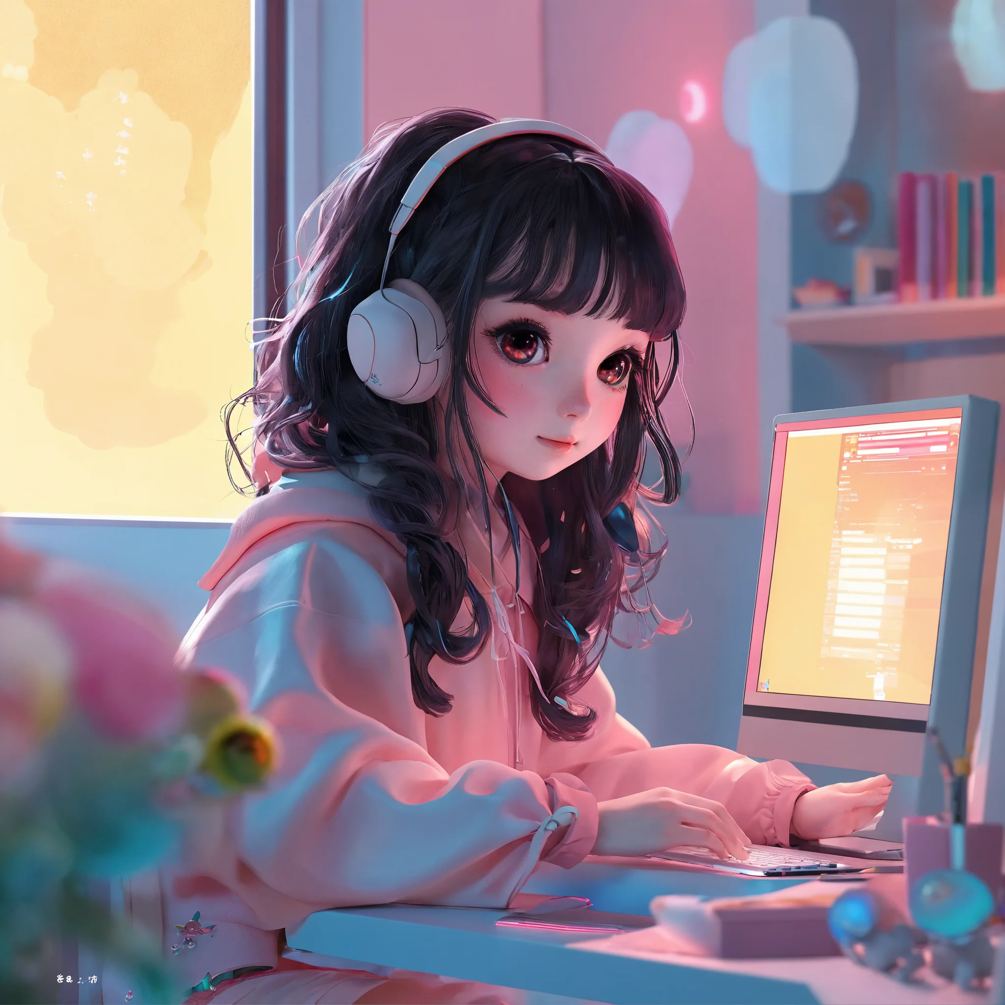 Lexica - Cute style, girl, computer desk, cute look, fantasy color ...