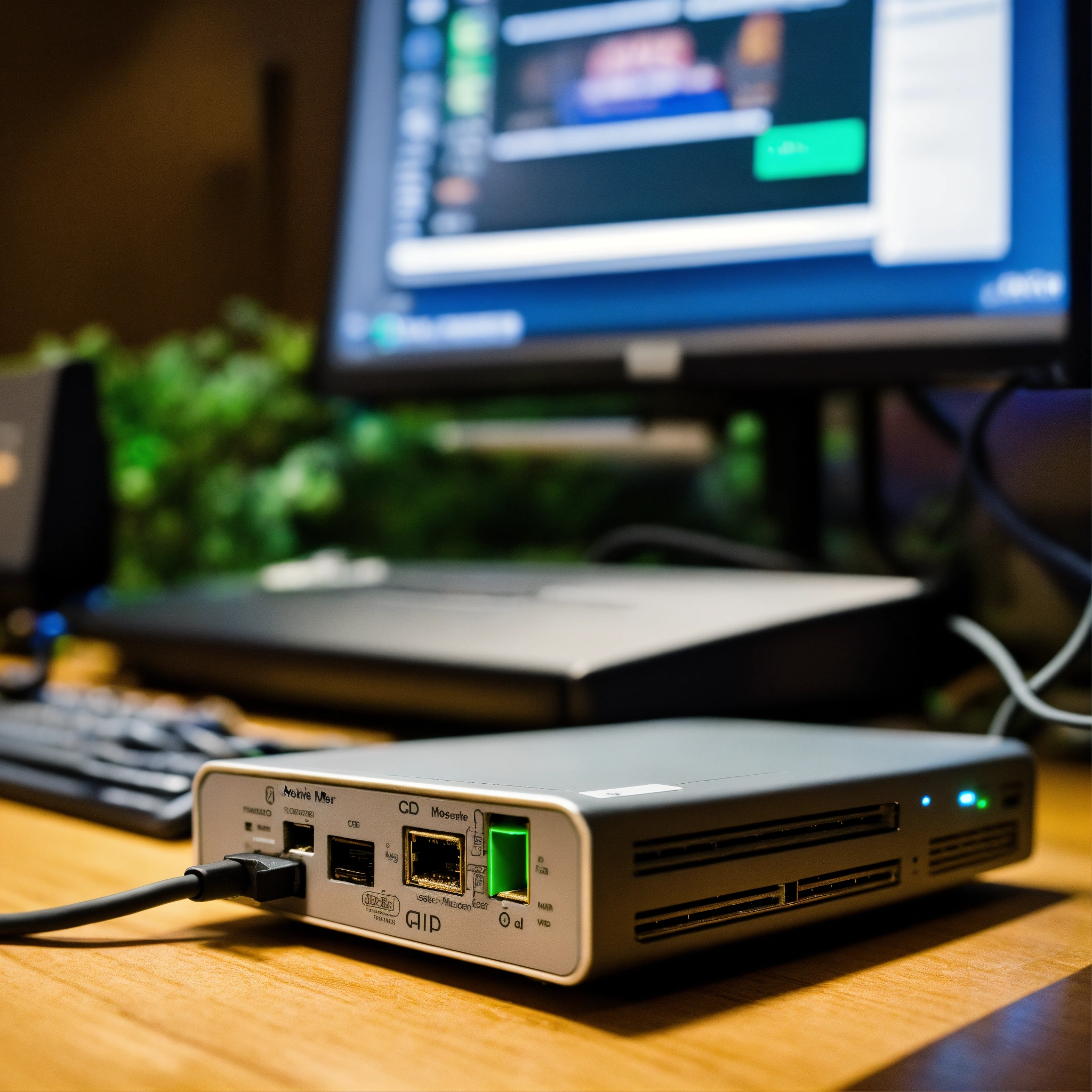 Lexica - A photo of an Internet modem. The modem is connected to a computer with a cable. The ...