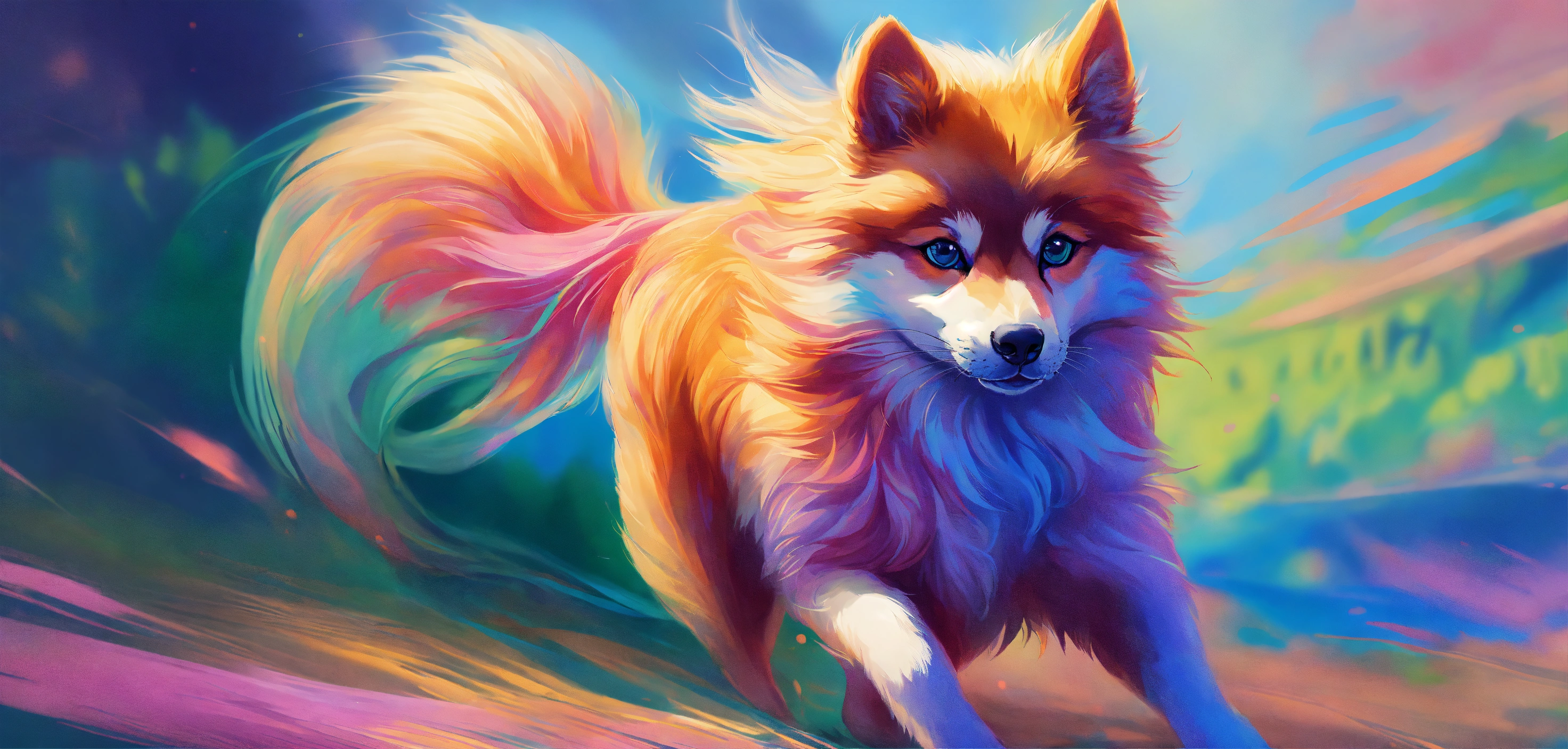 Lexica - In this vibrant painting, a graceful Pomsky is captured in ...