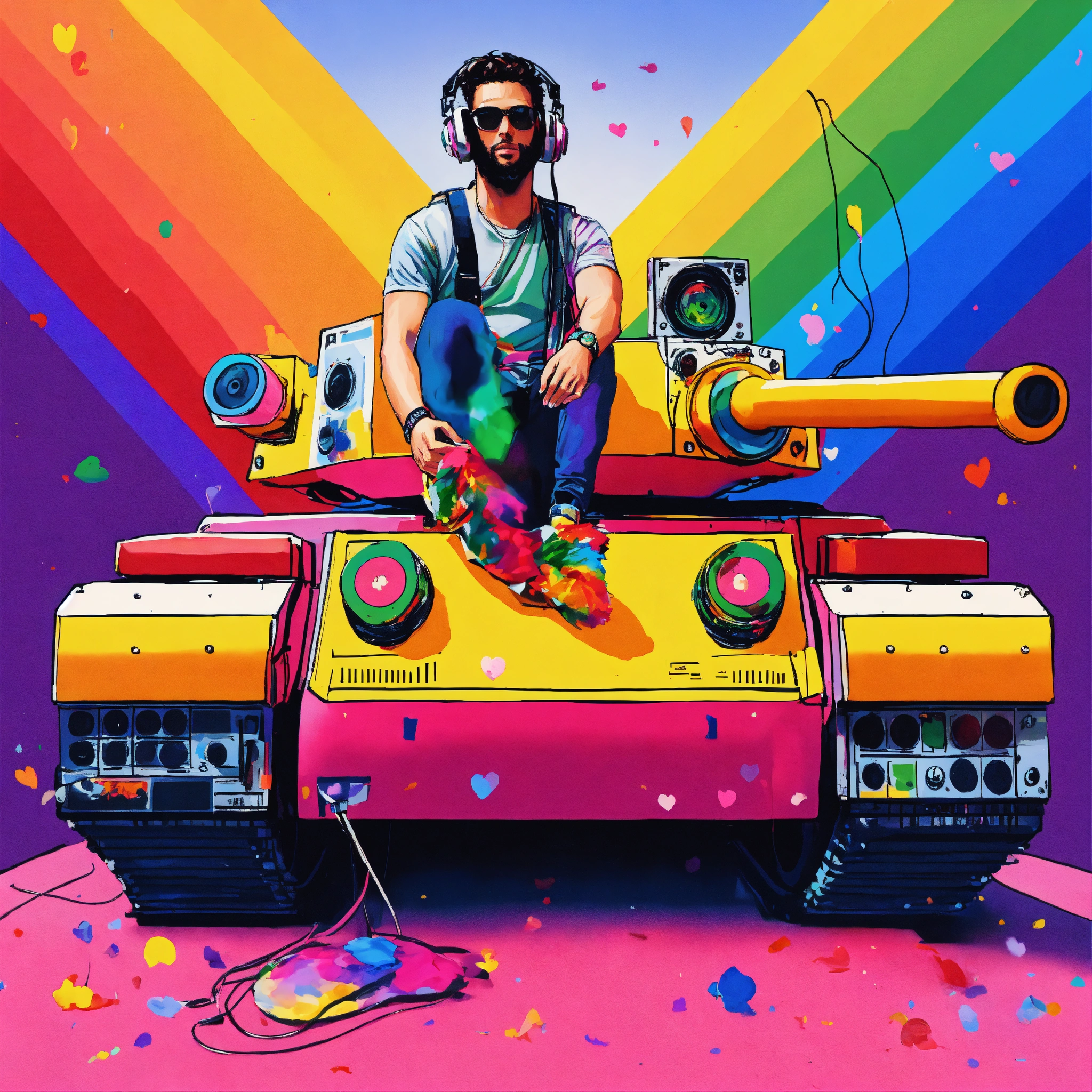 Lexica - A picture of a gay dj riding on a tank of love with sound ...