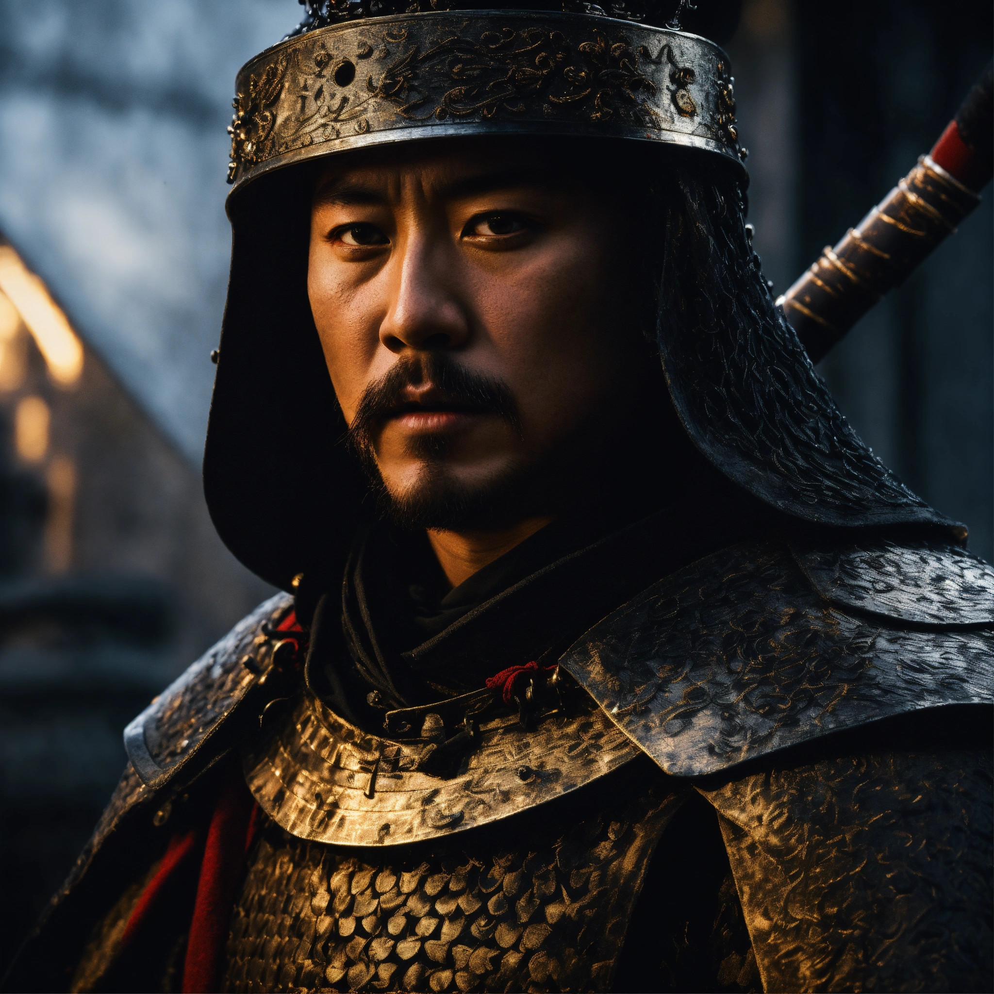 Lexica - Medieval portrait of a samurai warrior wearing black chainmail ...