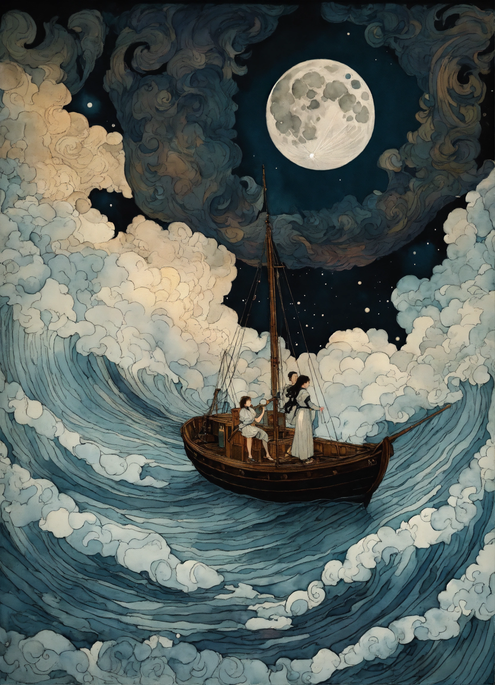 Lexica - Silhouettes of people in waves tessellation. a boat in a dark ...