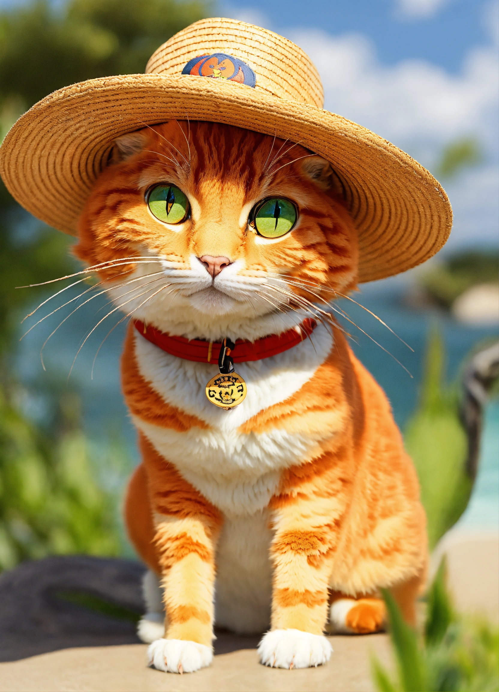 Lexica - Orange cat wearing luffy straw hat, one piece