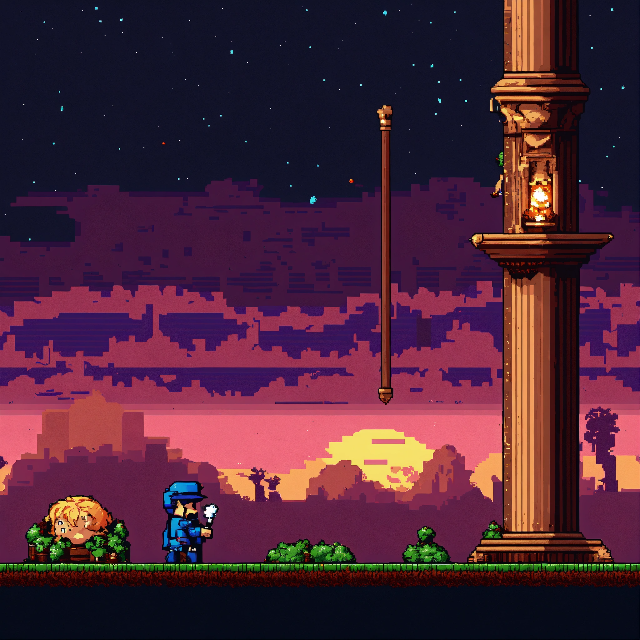 Lexica - 8-bit pixel art of a 2d gameplay night time with a final boss ...