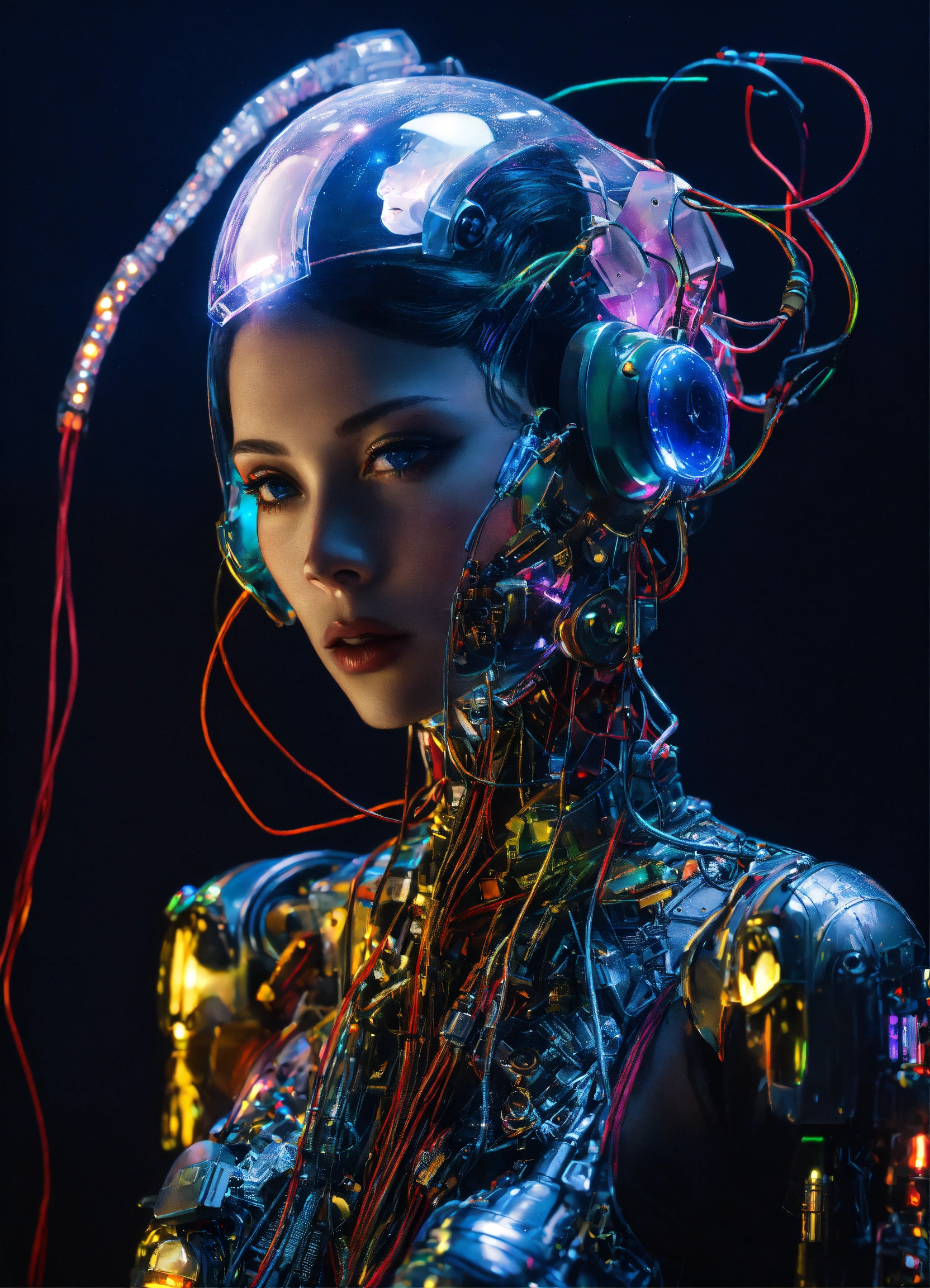 Lexica - Portrait Photography, in front of a black wall, a cyborg woman ...