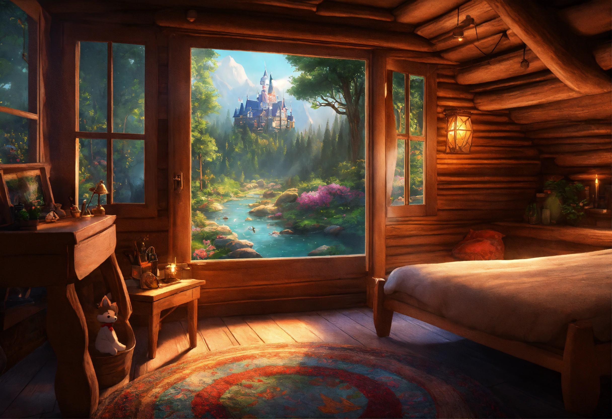 Lexica - A photo on the inside of a princesses' log cabin in a mystical ...