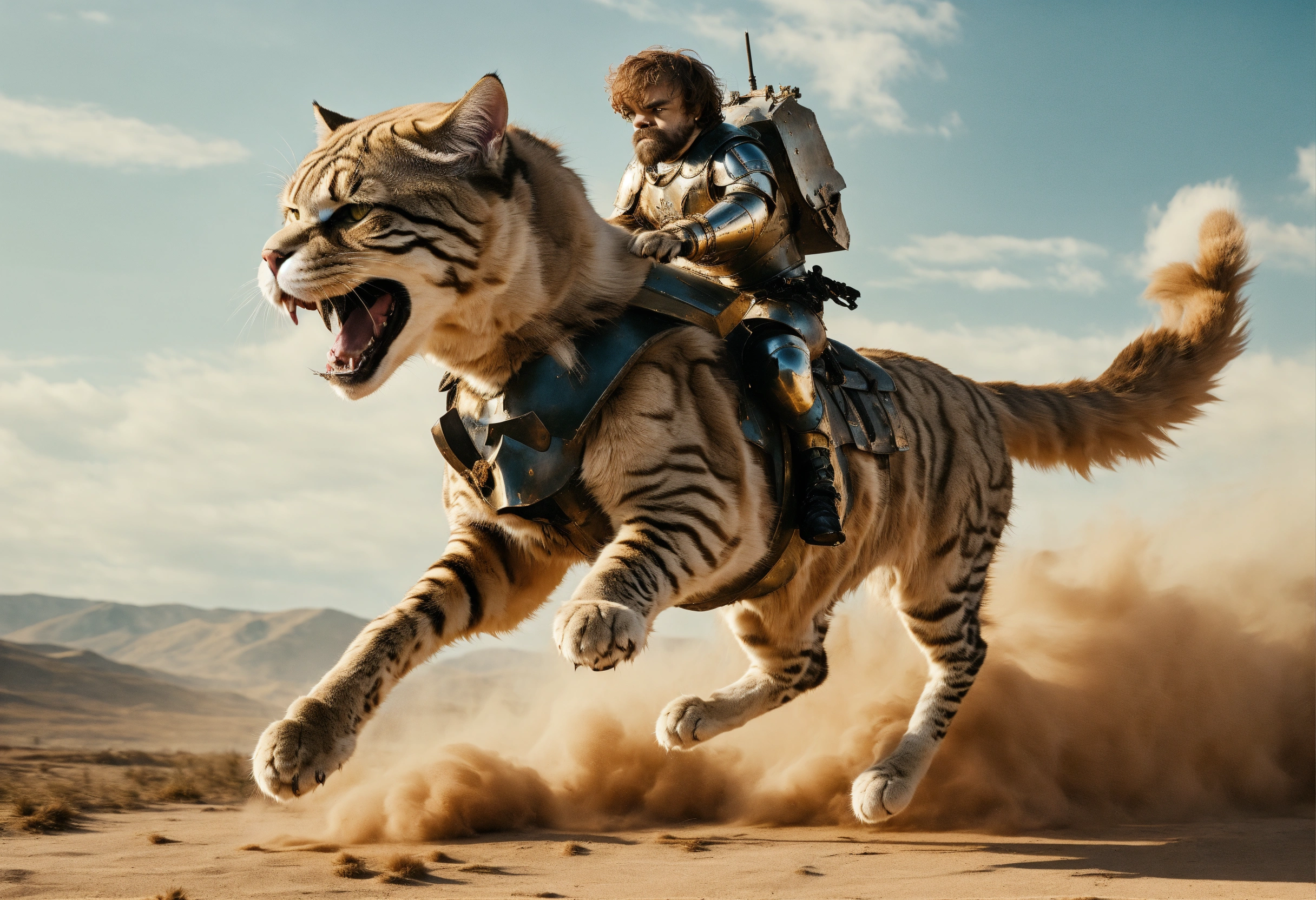 Lexica - A battle cat wearing armor, running across a battlefield ...