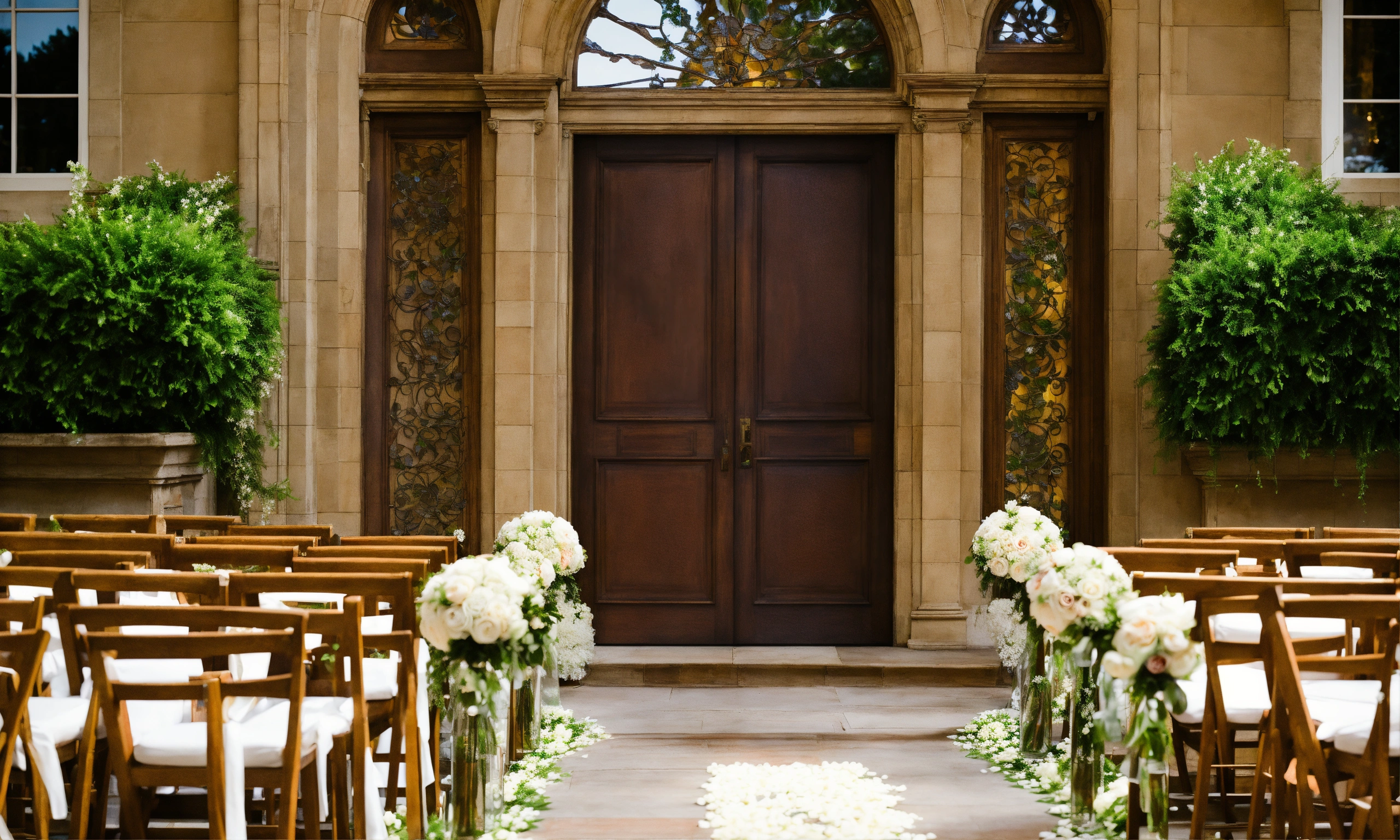 Lexica - Elegant wedding venue outdoors, flower-lined aisle, greenery ...