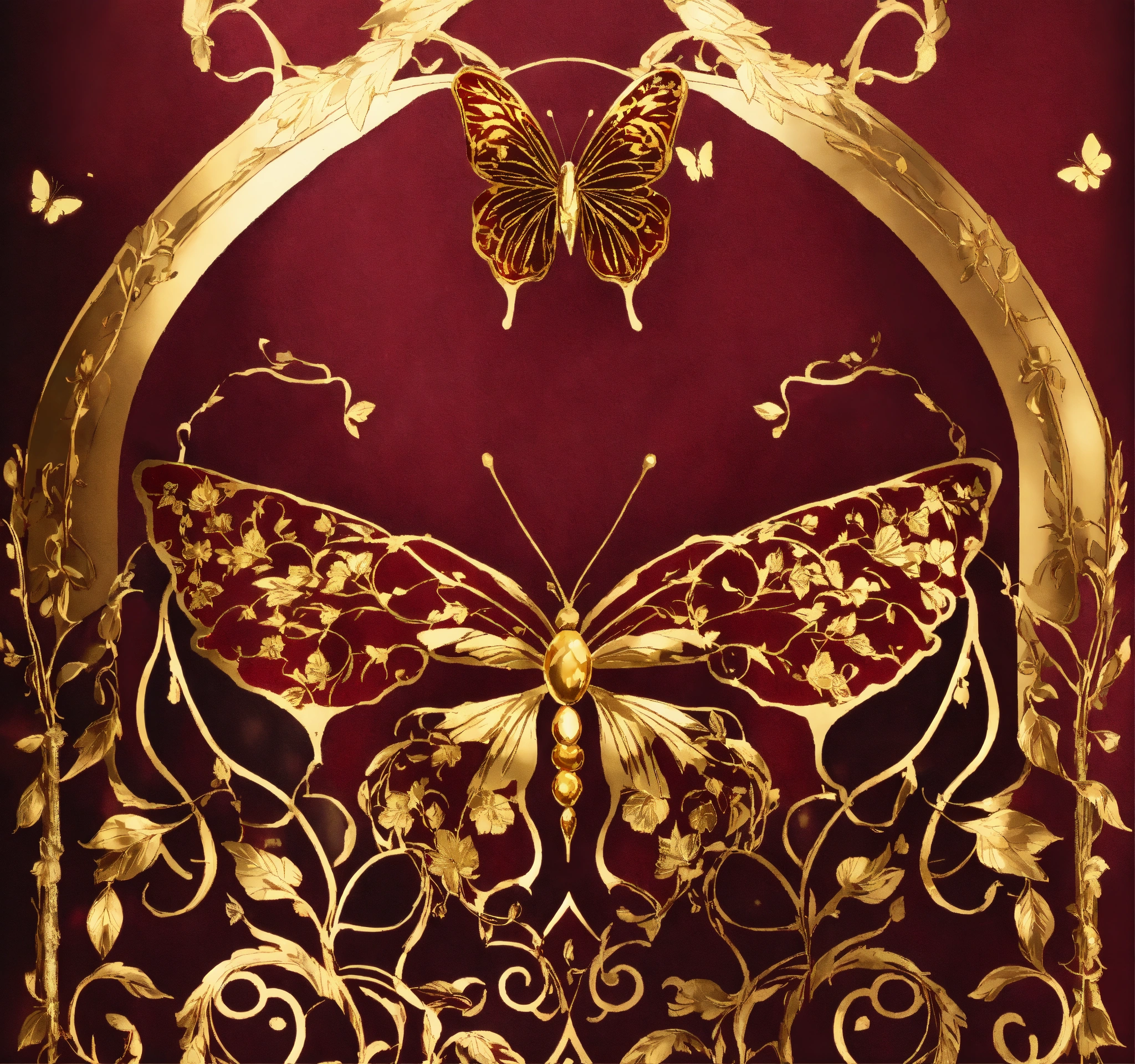Lexica - Maroon, metalic, gold outlines, gold vines, butterfly