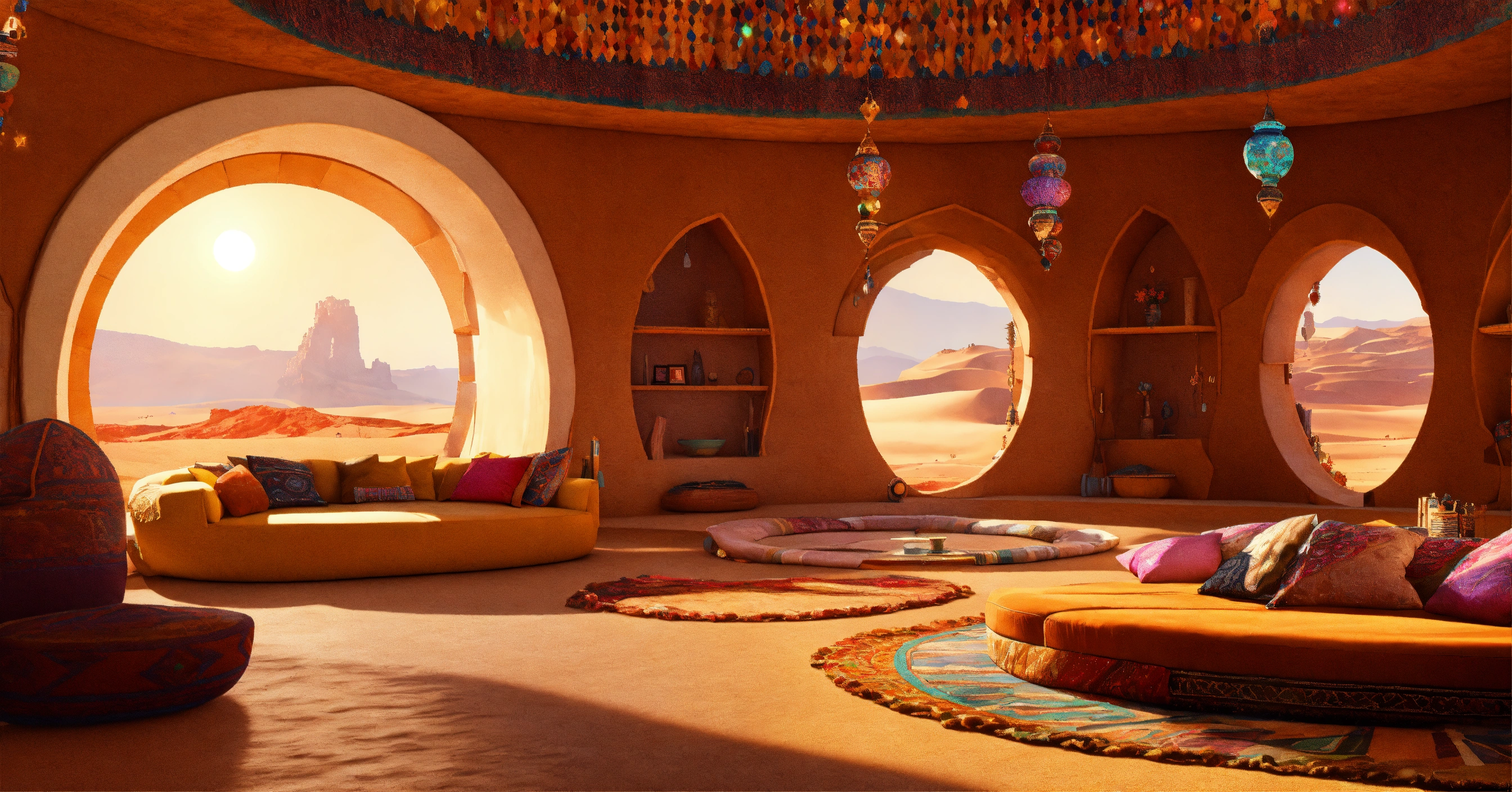 Lexica - Concept art of a large desert circular home living room, jakku ...