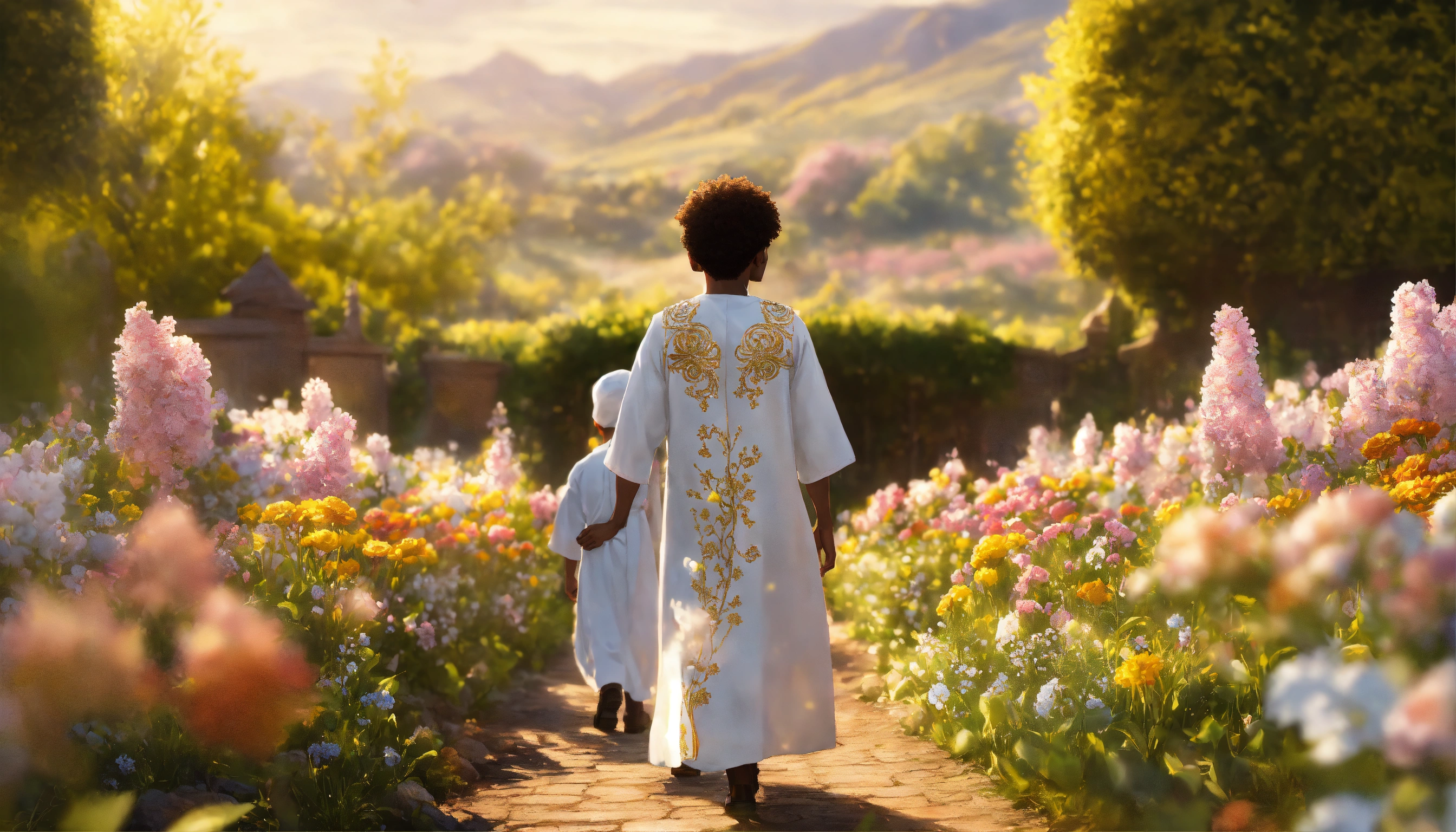 Lexica - Illustrate a view of Two children walking along a garden ...