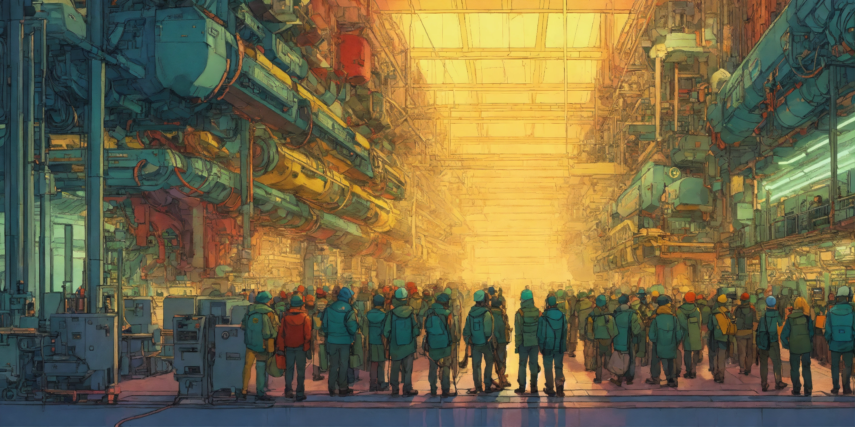 Lexica - Cyberpunk style workers standing in the lineup entering a mega ...