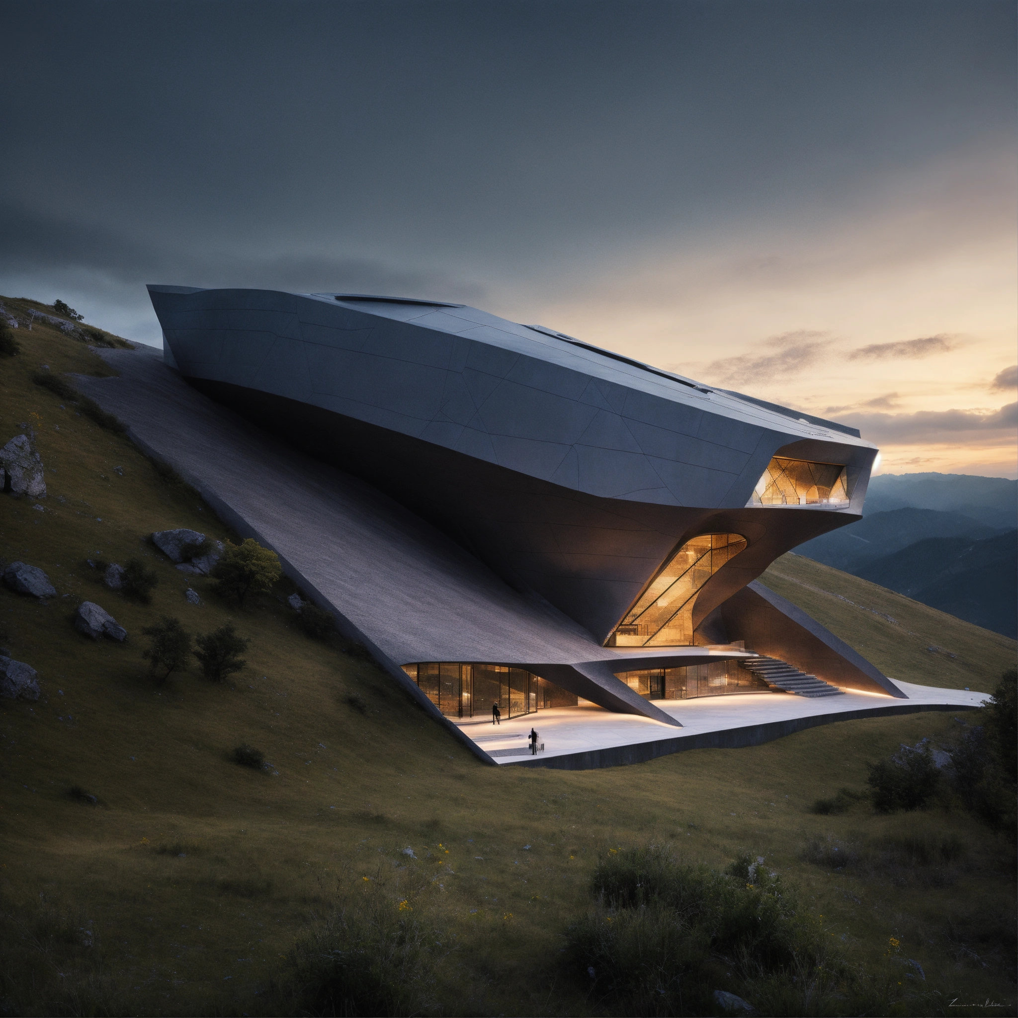 Lexica - Zaha Hadid expressionist theater on the mountain made of moleskin.