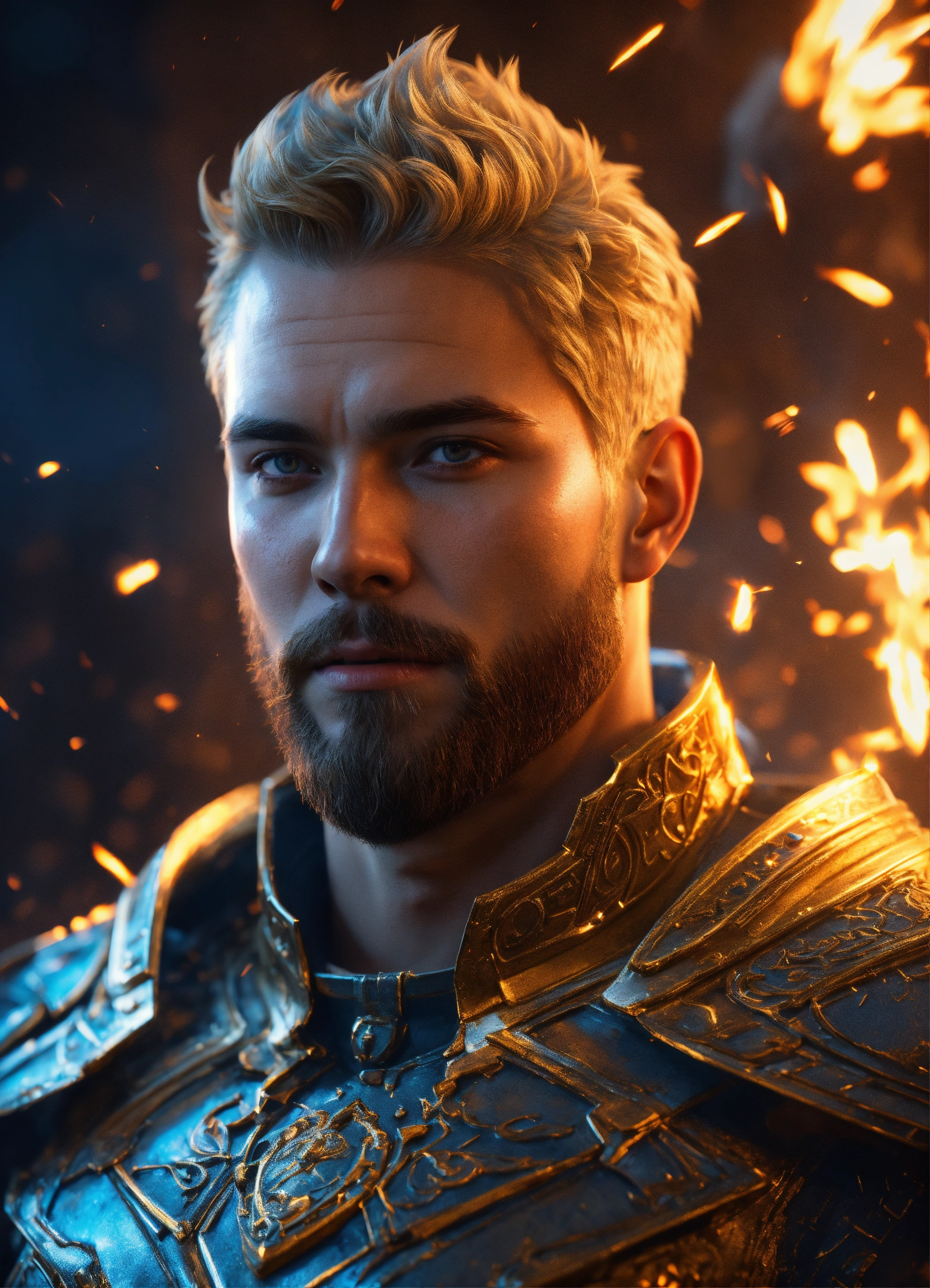 Lexica - "legendary man light god", light hair, embers, sparks, head ...