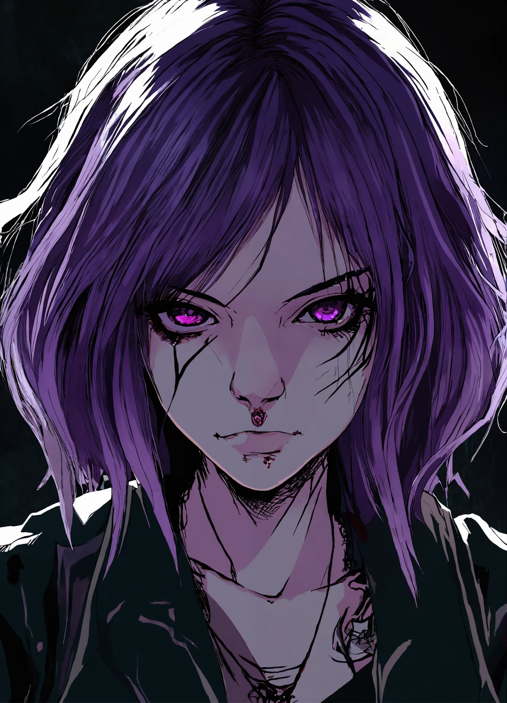 Lexica - Purple hair woman in evil anime style