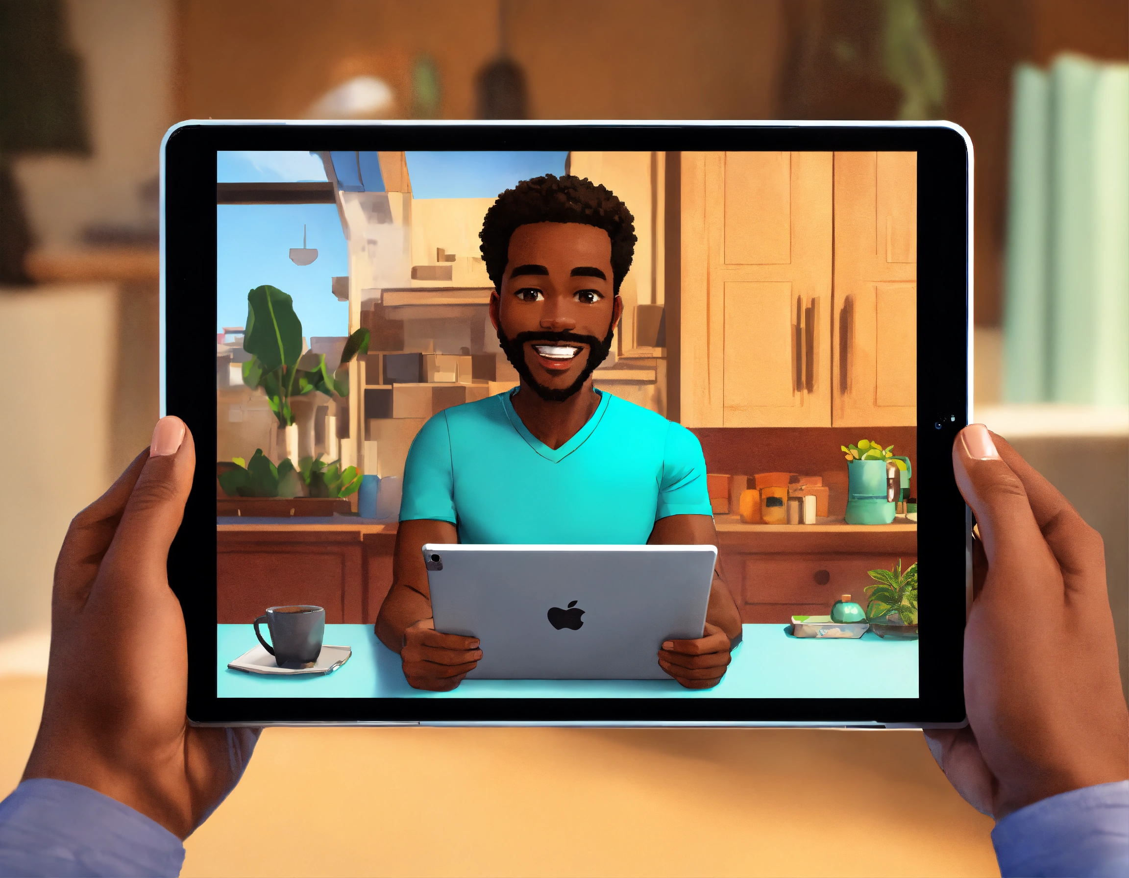 Lexica - A animated African American man on facetime on a tablet.