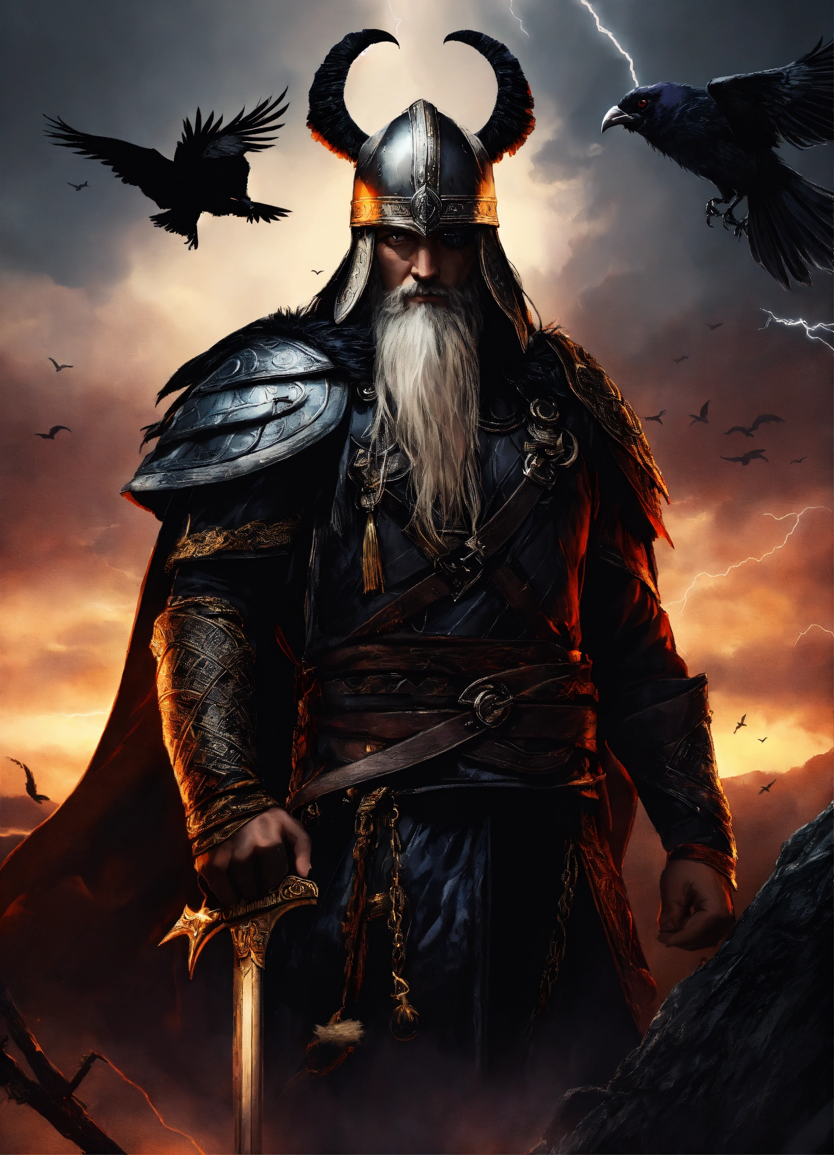 Lexica - Odin, one eye blind, 2 ravens, black bird background, dramatic ...