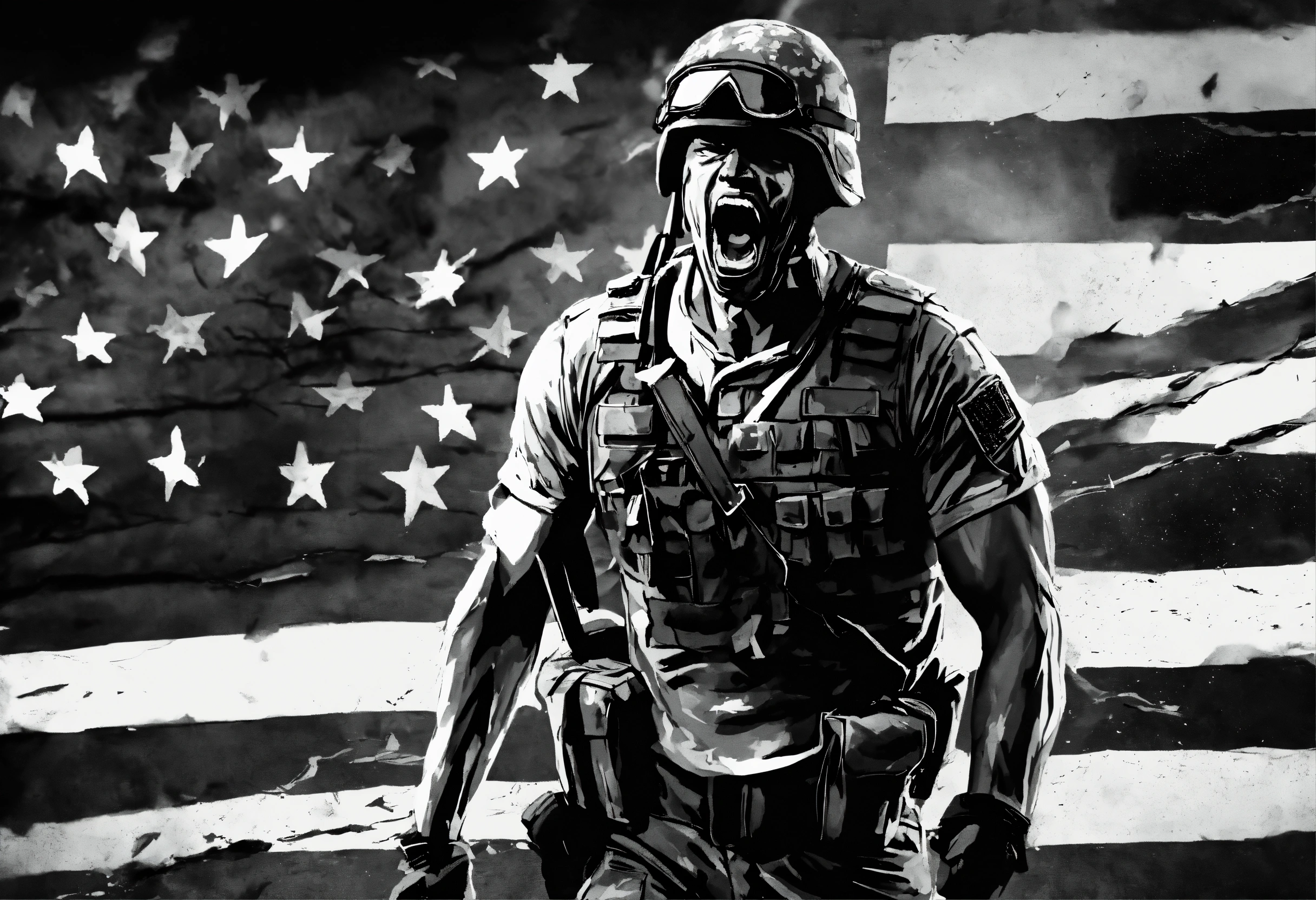 Lexica - Black and white illustration of enraged male soldier waving ...