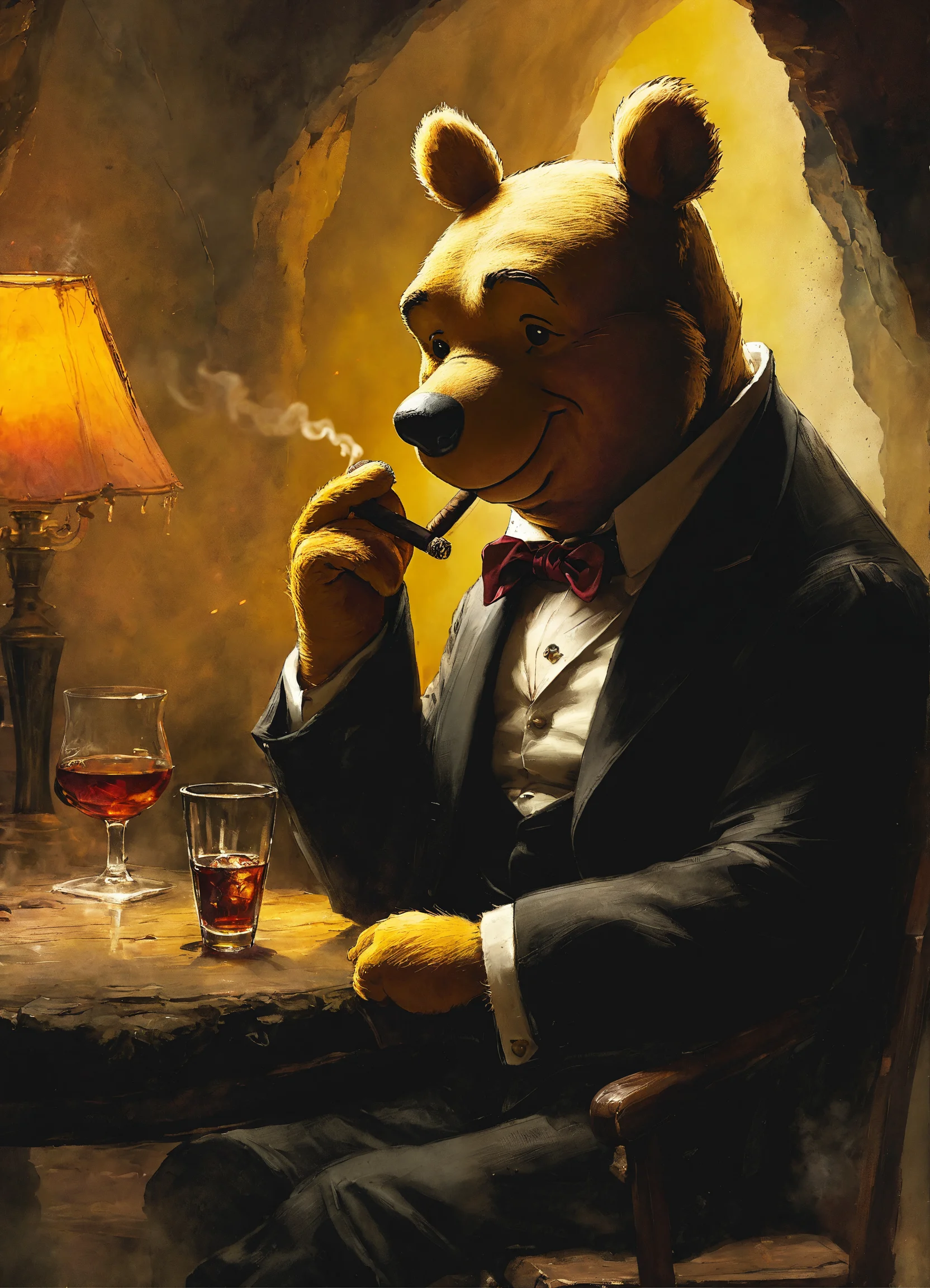 Lexica - Winnie the pooh in a tuxedo, serious look on his face, sitting ...