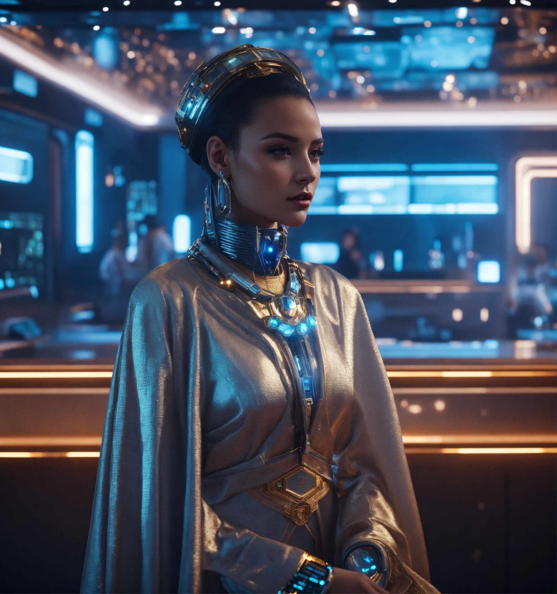 Lexica - Zoom out from an alluring beautiful humanoid, wearing a fancy ...