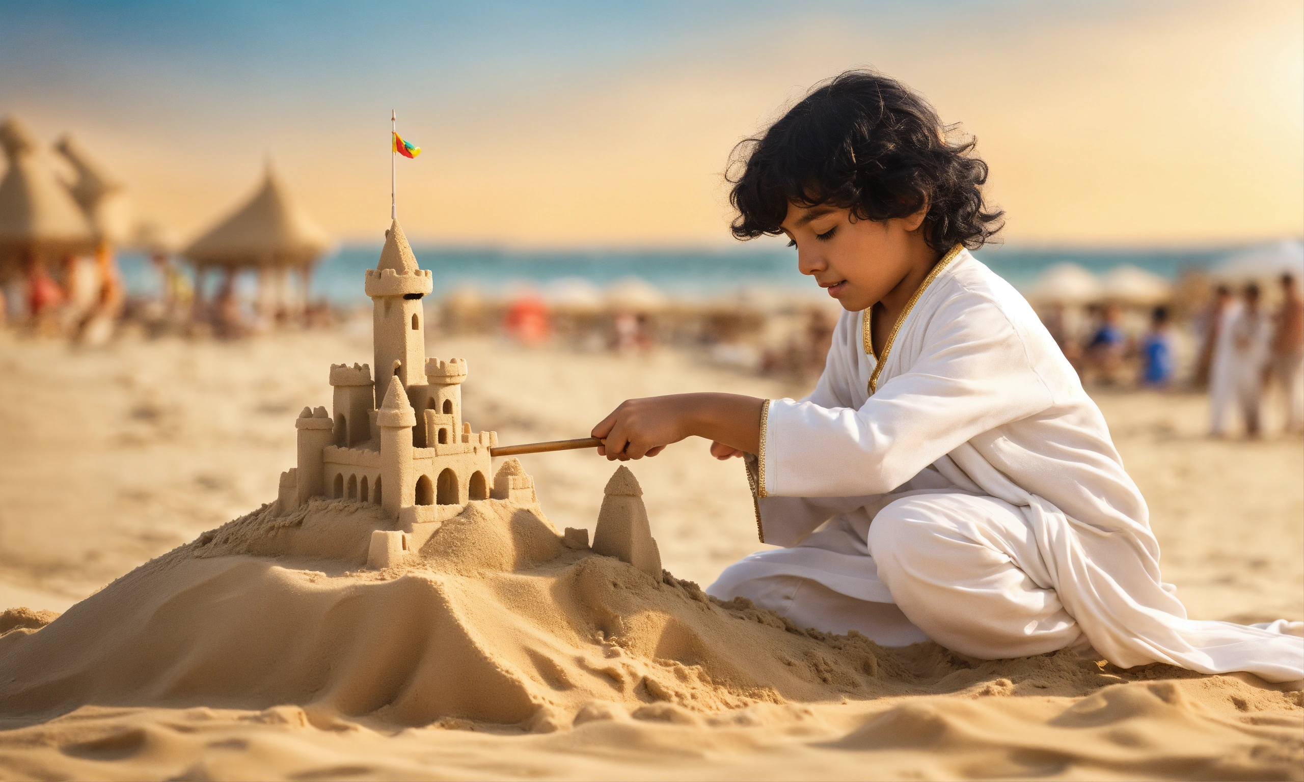 Lexica - Saudi kid sculpting sand castle, close up, beach, white ...