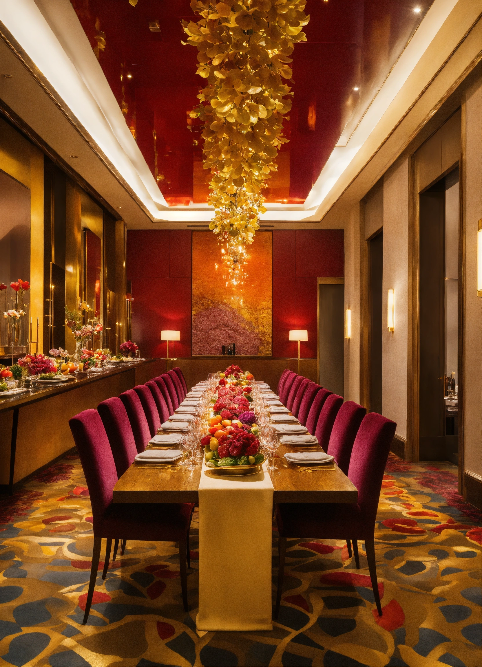 Lexica - Modern upscale hotel, private dining hall, long table, gold ...