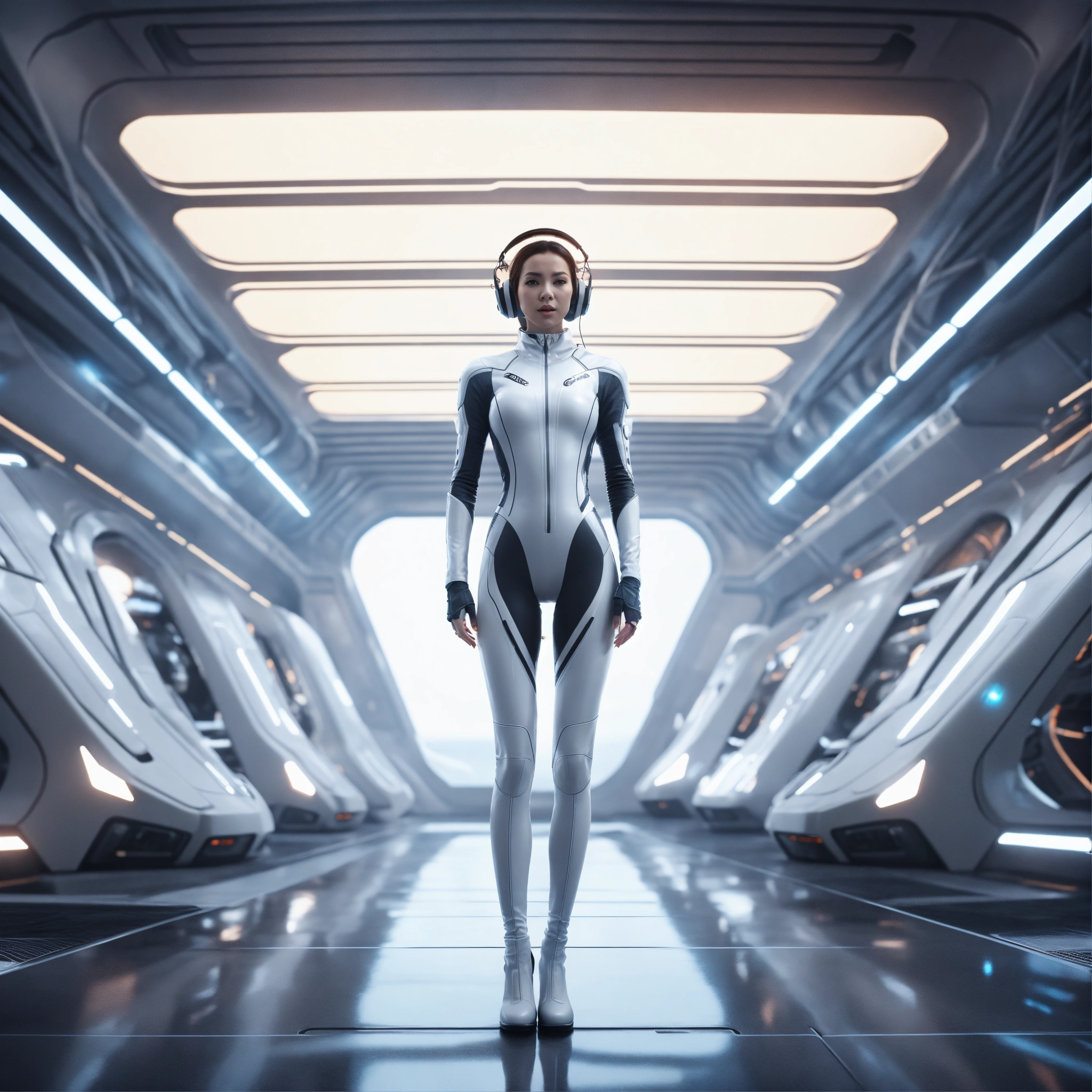 Lexica - Wide shot of a female super spy wearing a tight futuristic spy ...