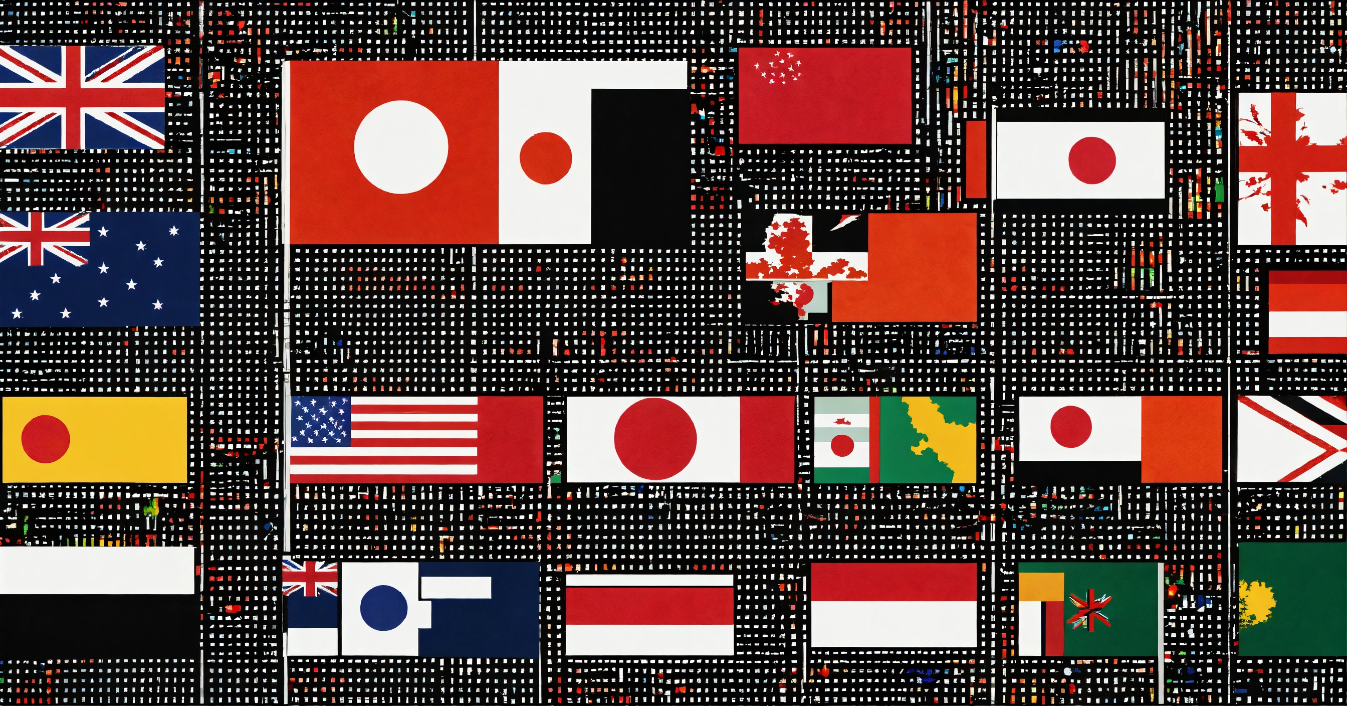 Lexica - A grid global map in black and white with small country flags ...