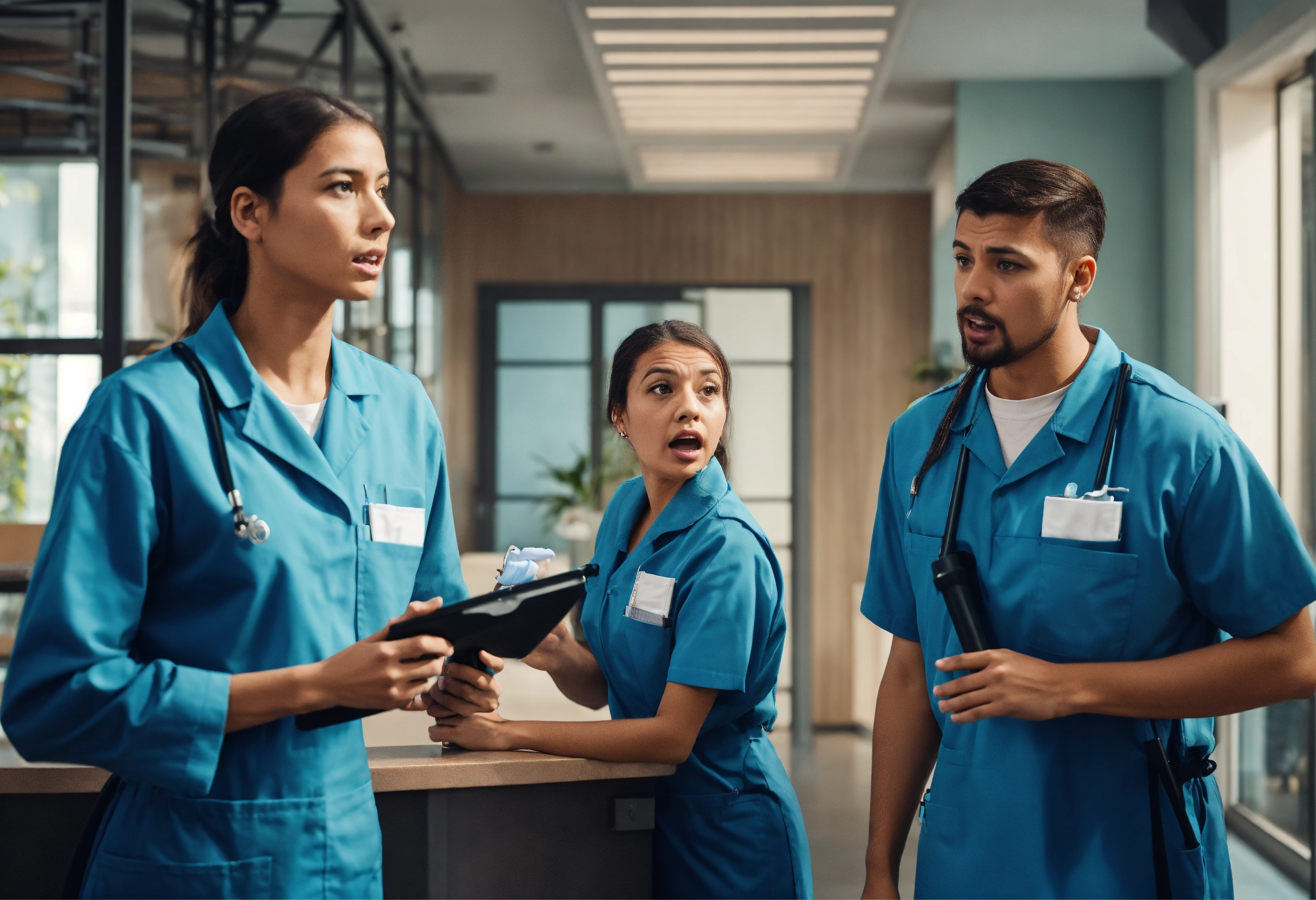 Lexica - Untra realistic two cleaning staff talking with security guard ...