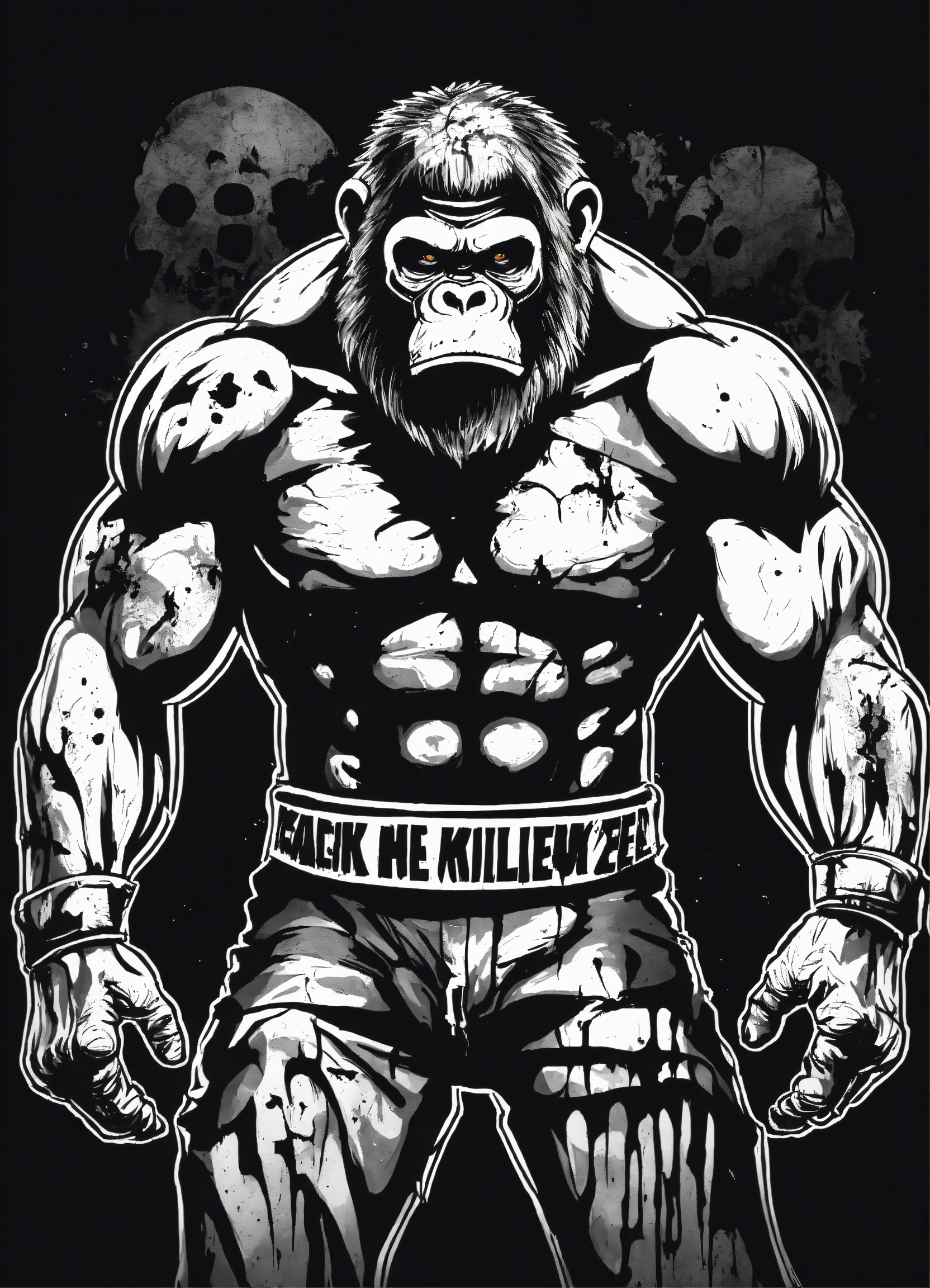 Lexica - Black and white killer ape zombie Halloween boxing logo full body