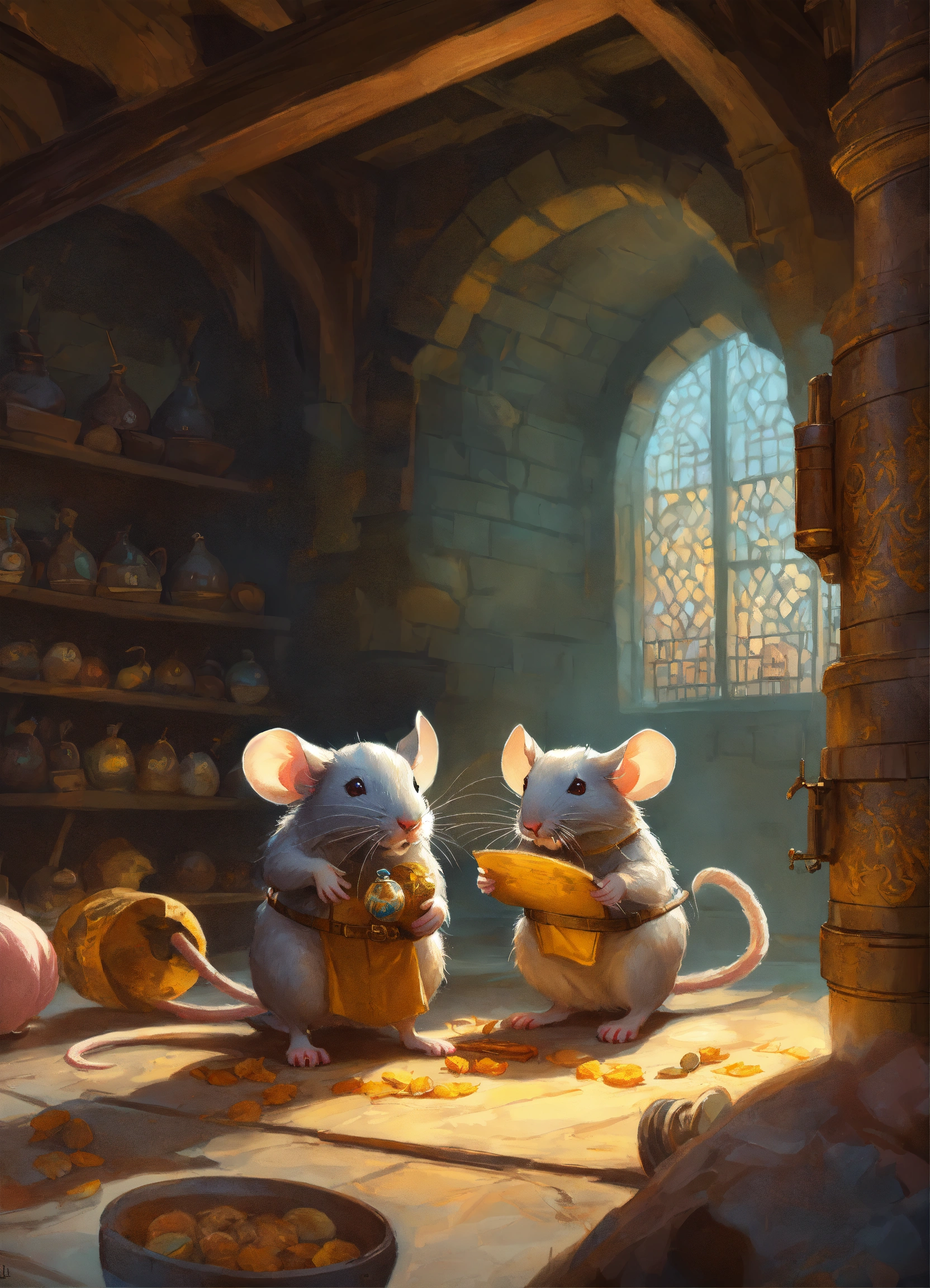 Lexica - 2 large mice dominating the image in a medieval storeroom , d ...