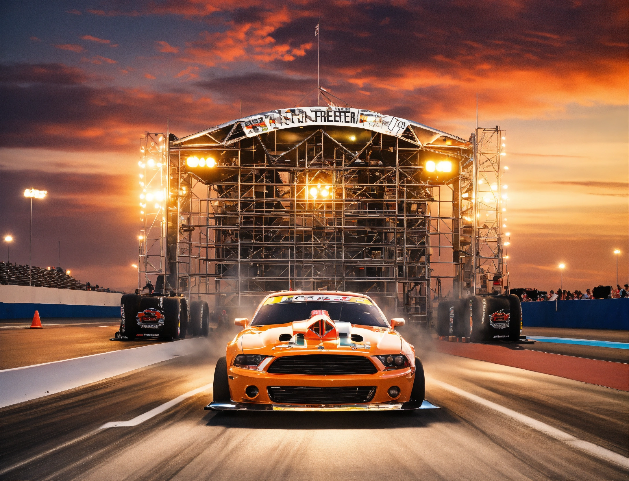 Lexica - Drag race car, dragstrip with start lights, race tower in the ...