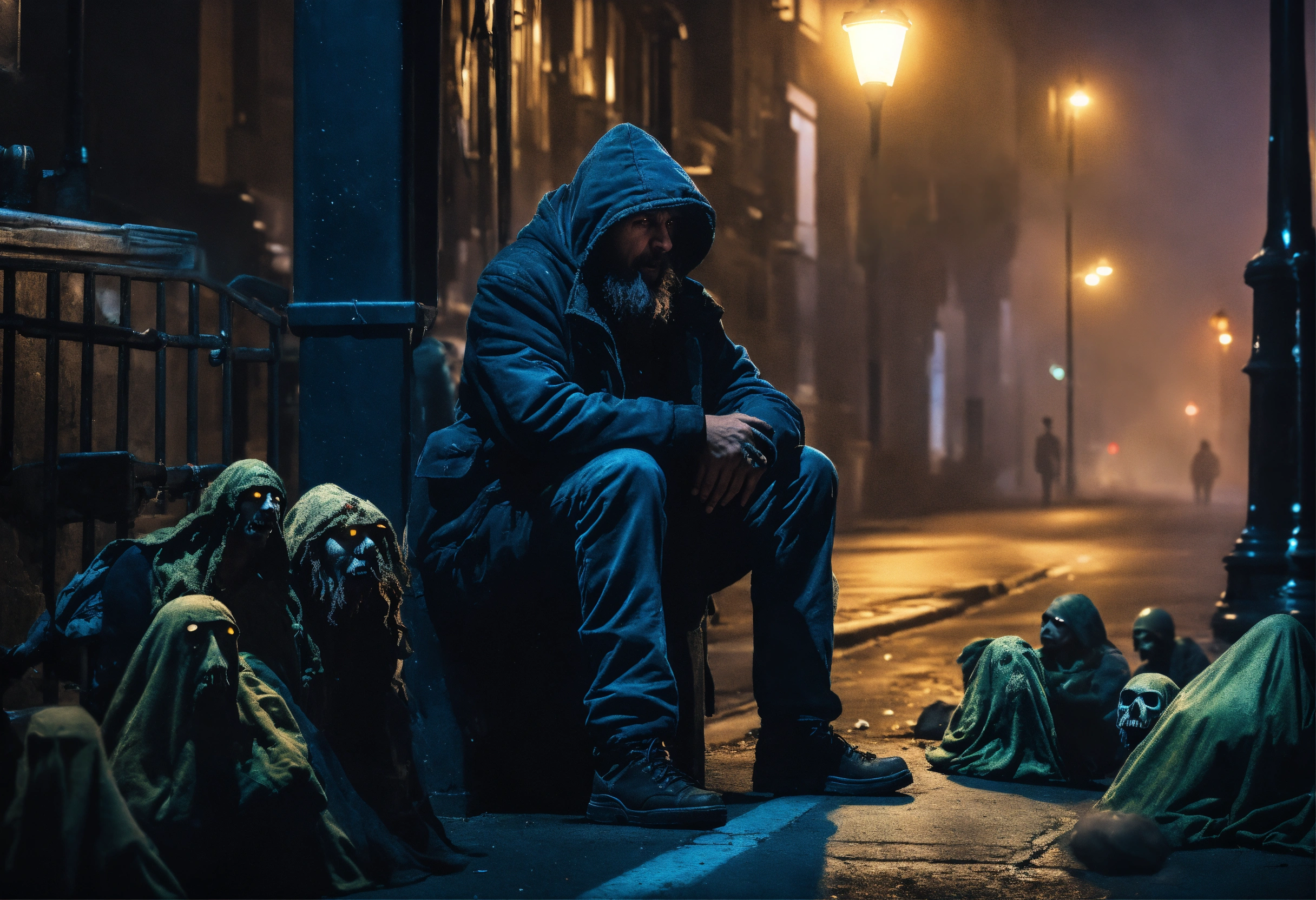 Lexica - An afraid homeless person, sitting down under a street light ...