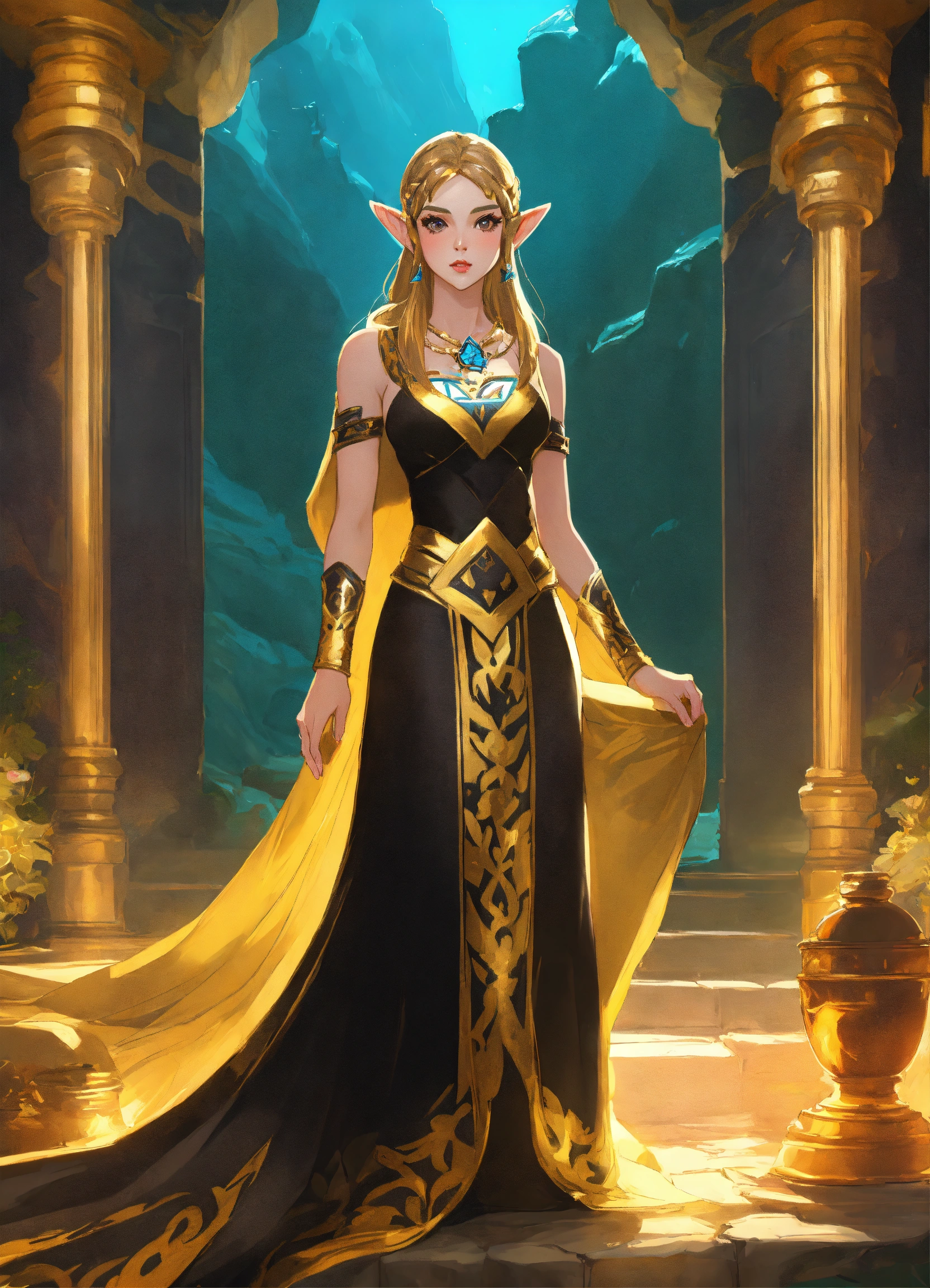 Lexica - Portrait of Zelda in a black and gold dress, stunning ...