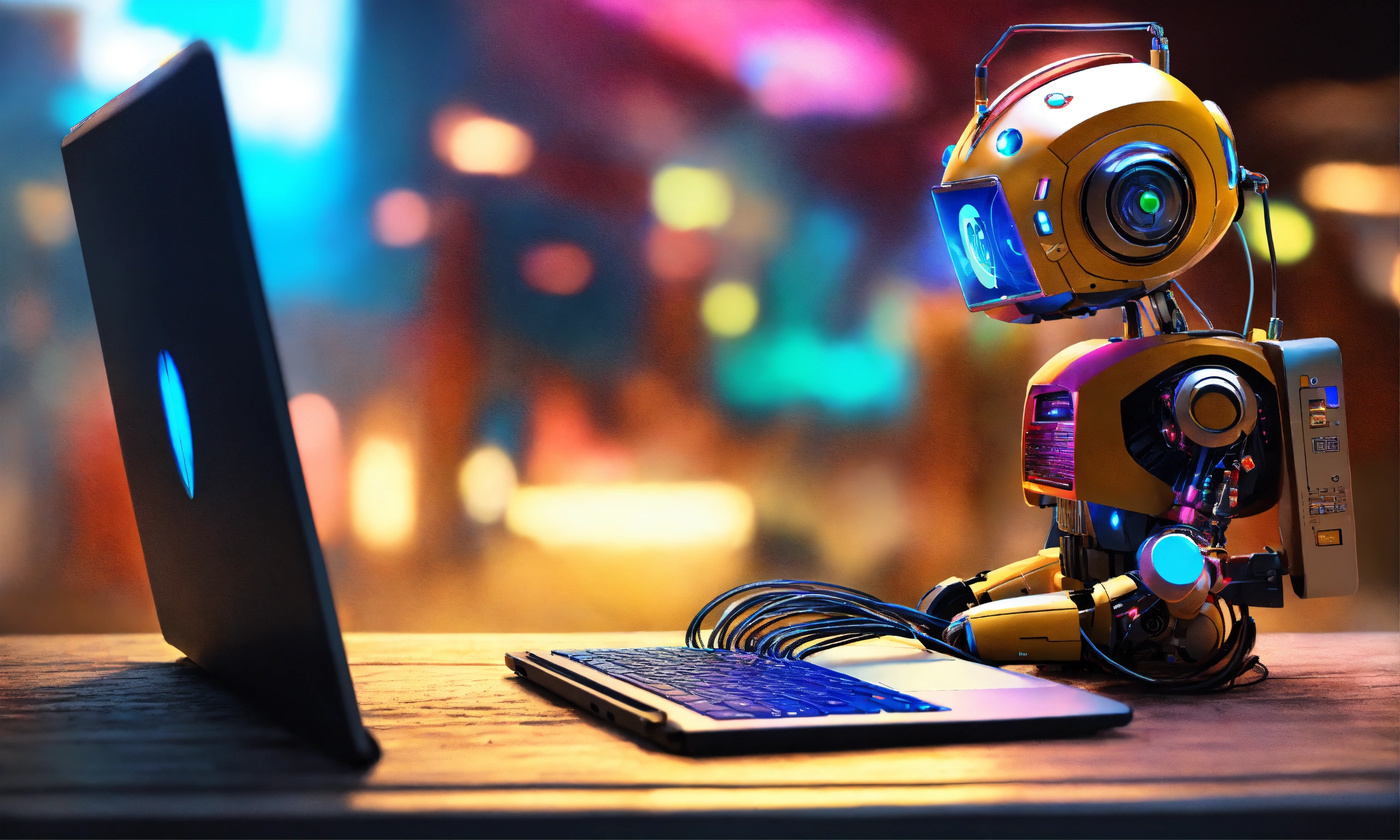 Lexica - Cute robot creature typing on a laptop, 4 cables connected to ...