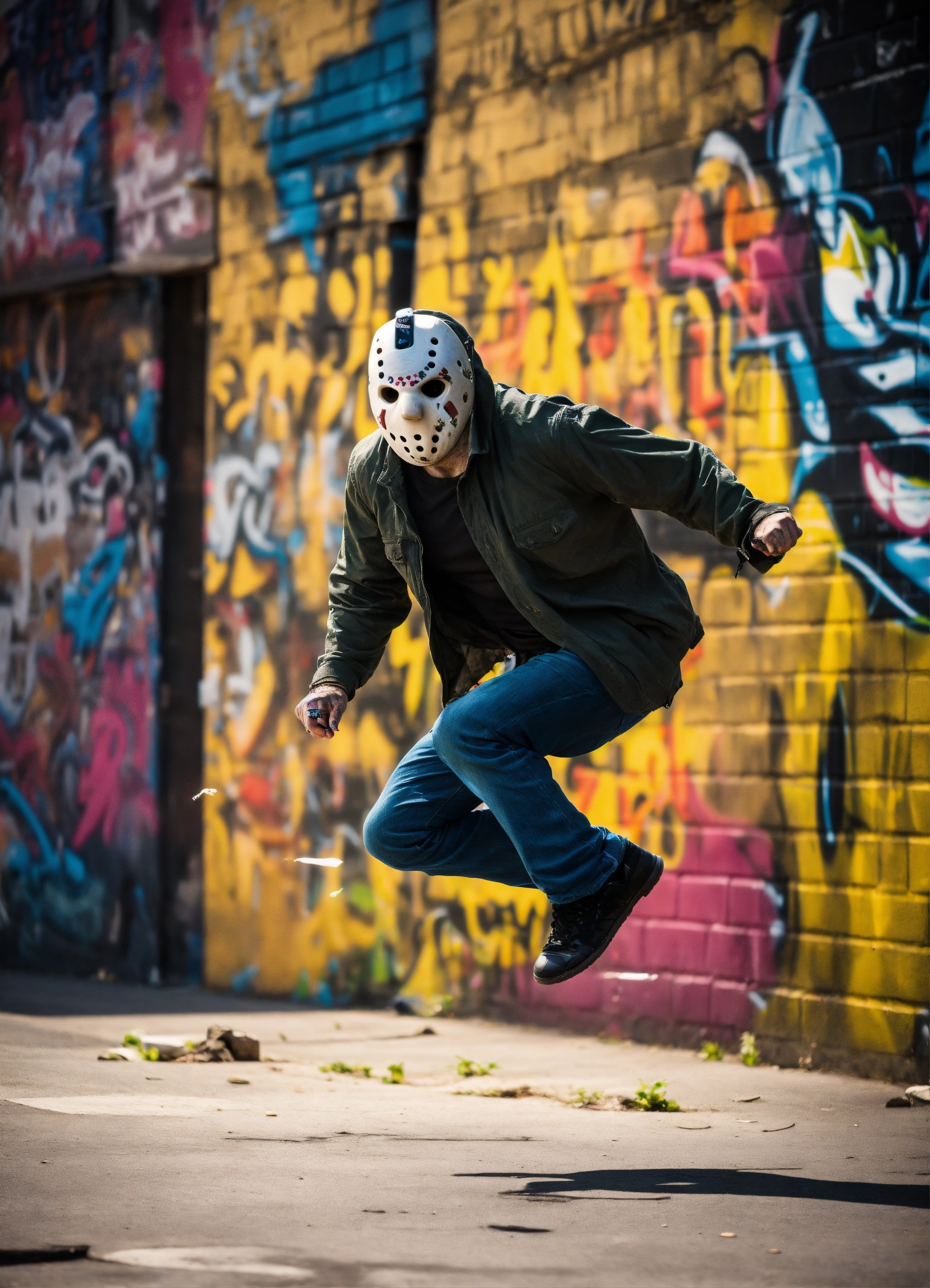 Lexica - Urban portrait of jason voorhees in mid-jump, graffiti walls ...