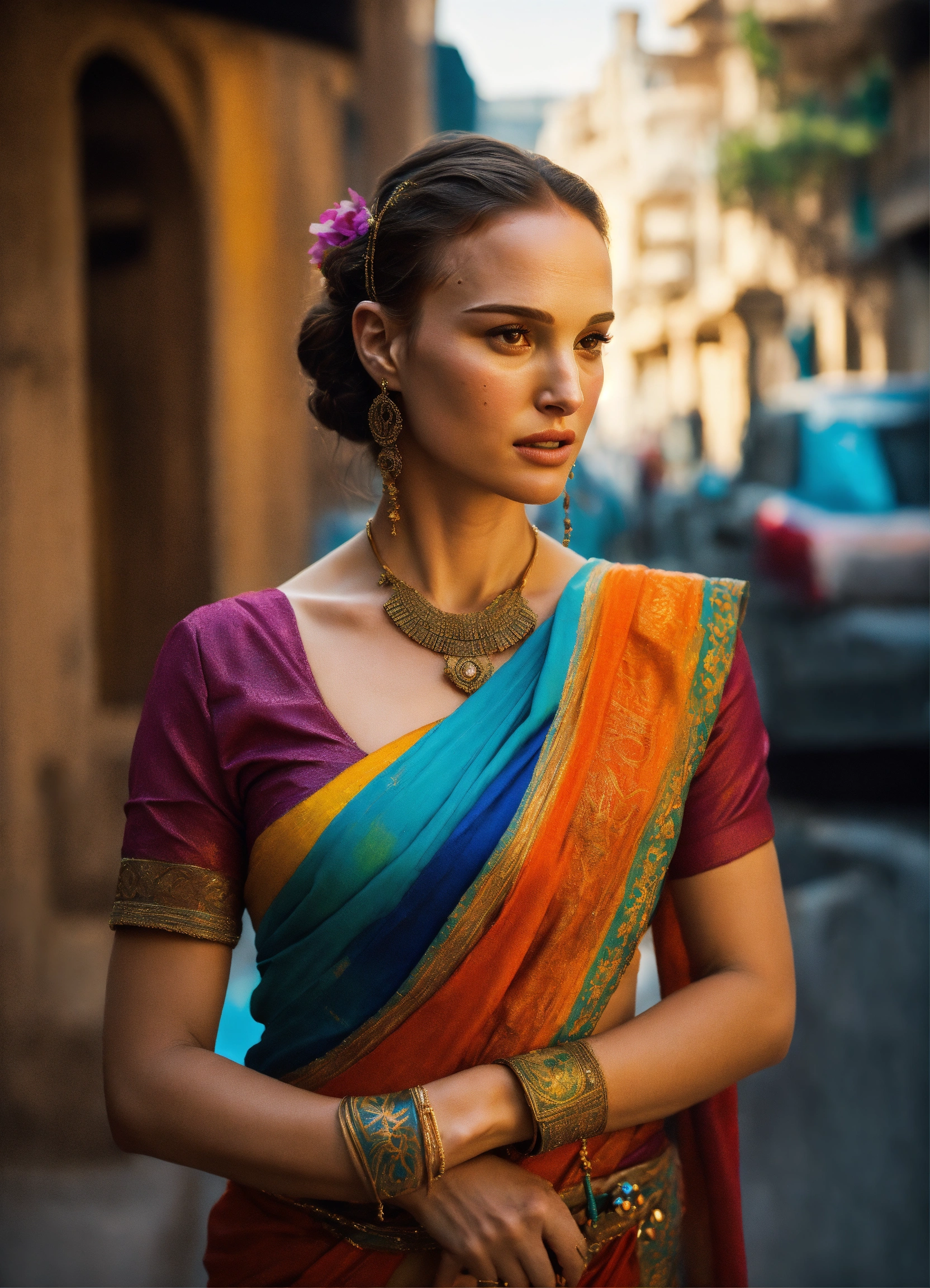Lexica - Wearing a saree a painting style of "Natalie Portman" in ...