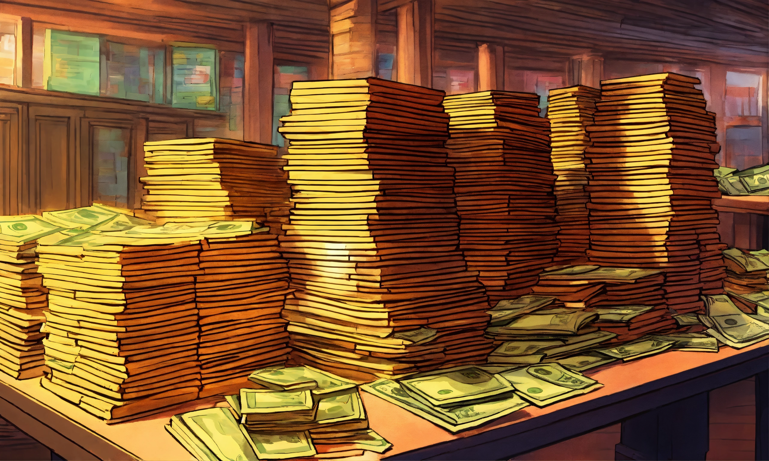 Lexica - A hand drawn painting of many stacks of money on a big table ...