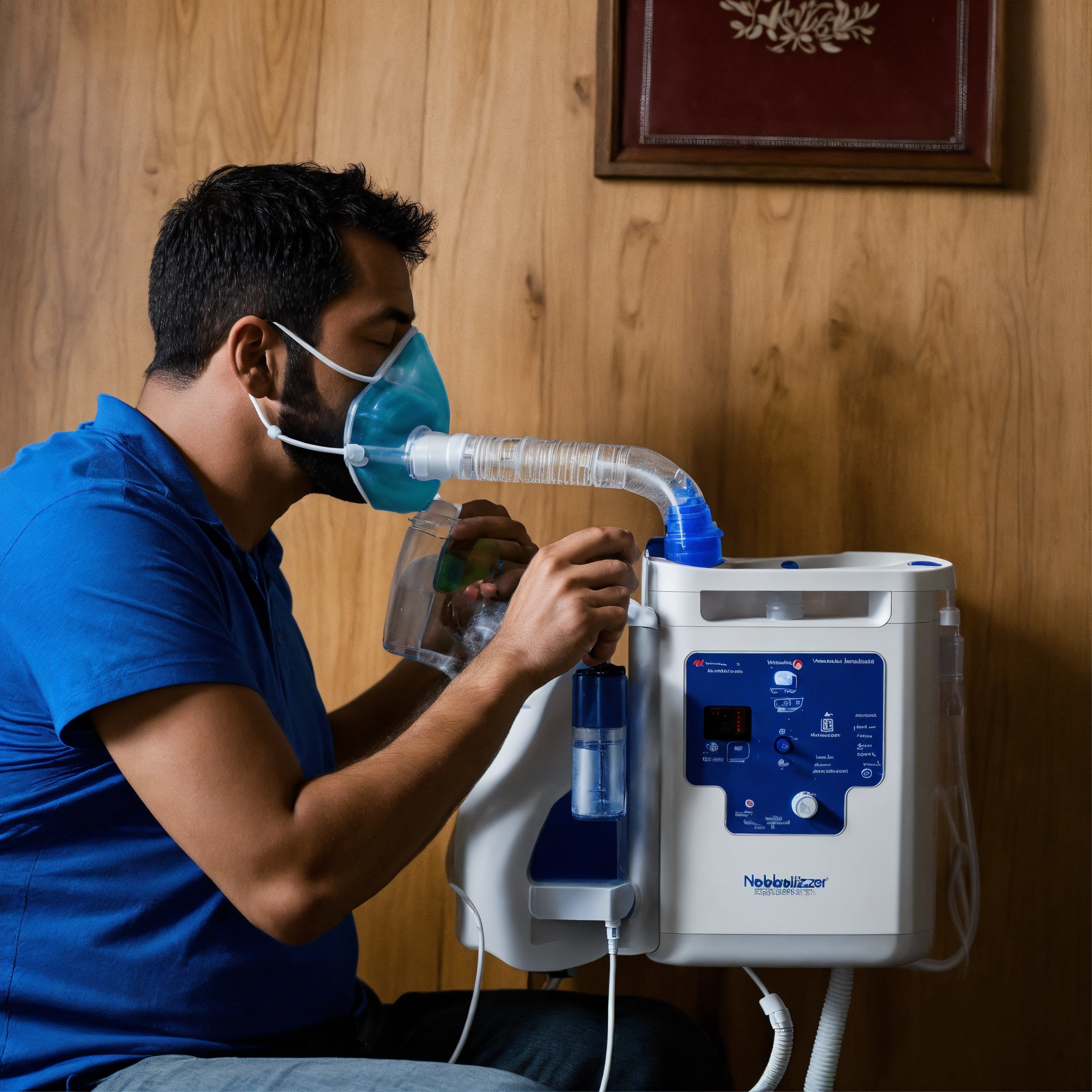 Lexica - A photo of a man using a nebulizer. The man is sitting in a ...