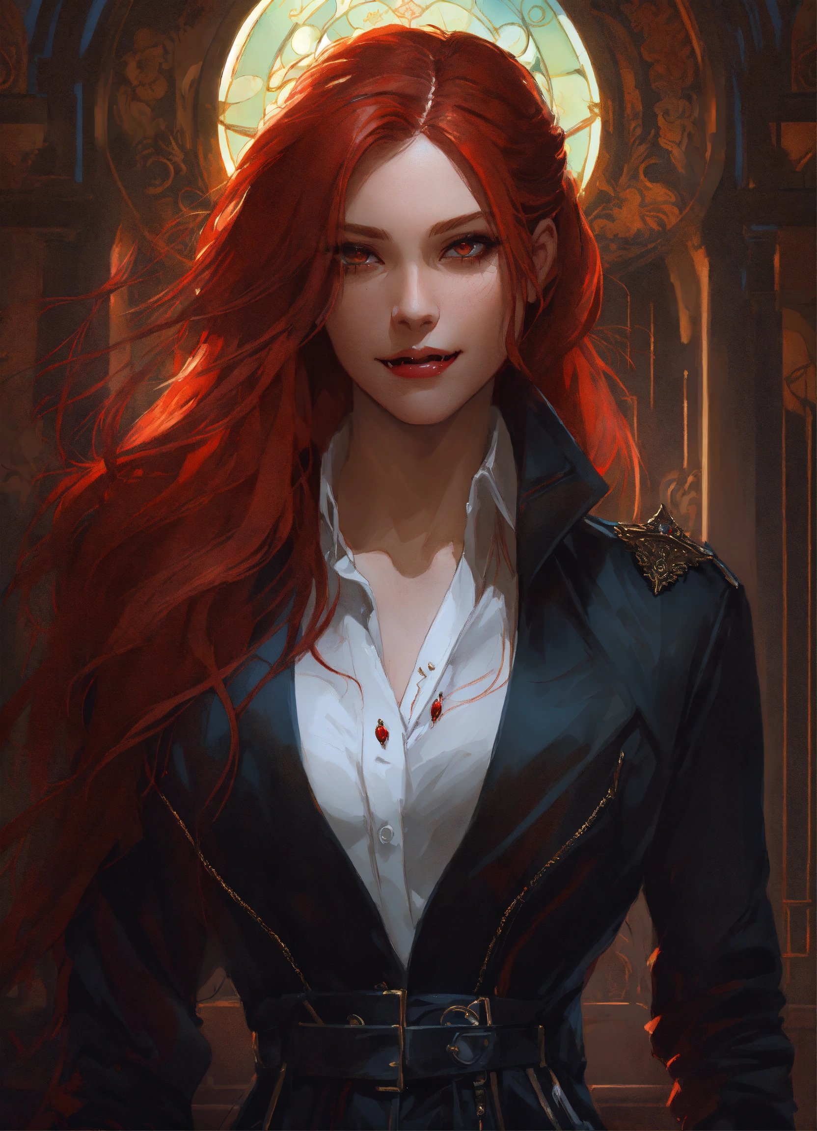 Lexica - Beautiful, red hair, vampire, fangs, smile, long hair, black ...