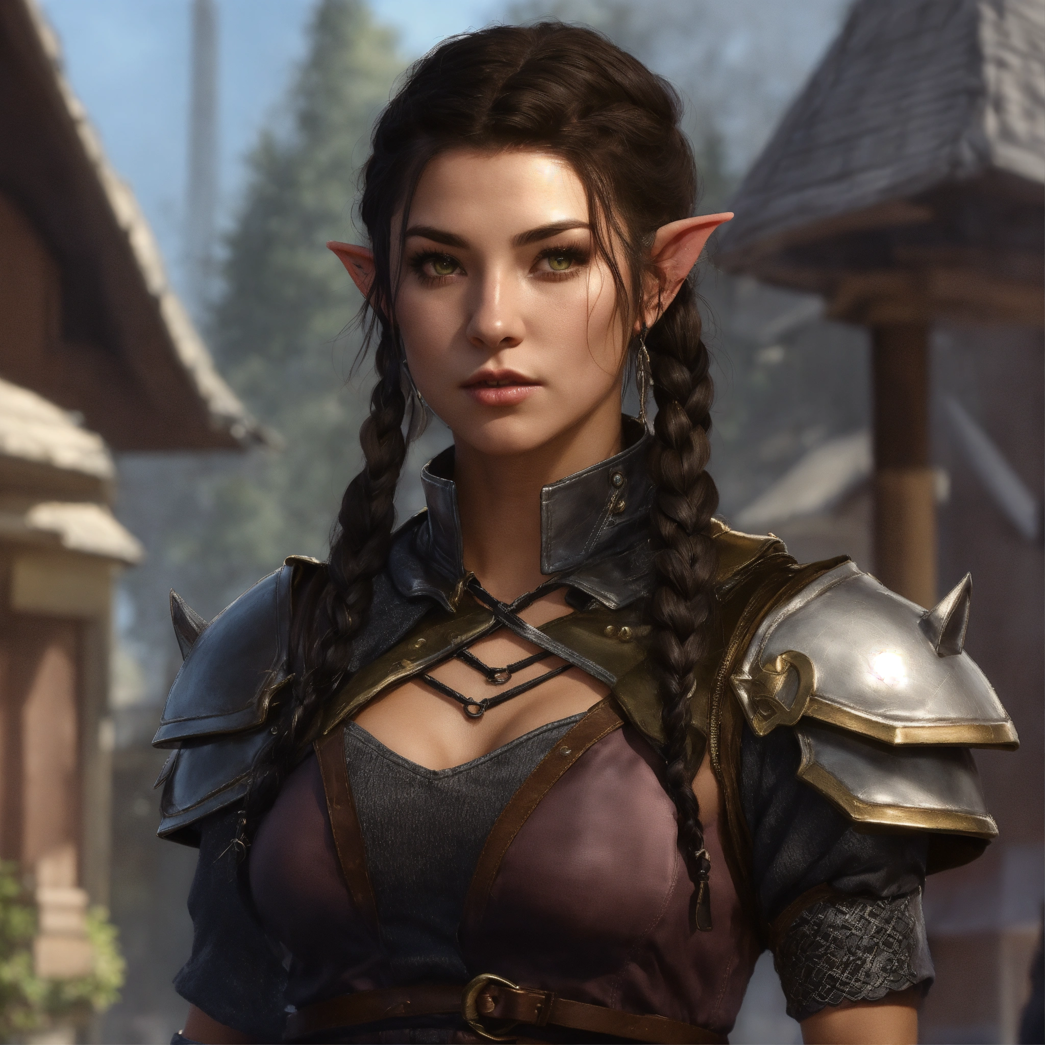 Lexica - Half-elf, hazel eyes, pitch black French braided pig tails wearing a half mask. She is ...