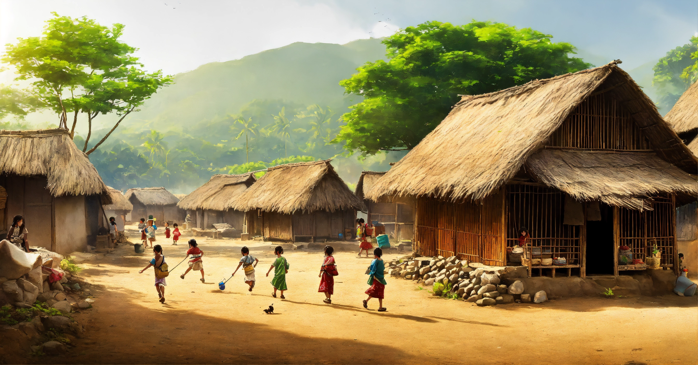 Lexica - A rural village with simple huts, children playing, and ...