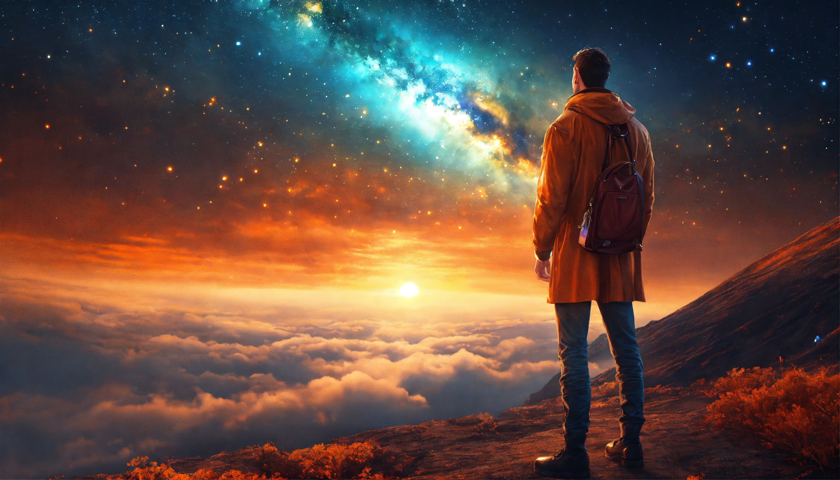 Lexica - A handsome man looking up, bending a bright universe, bright ...