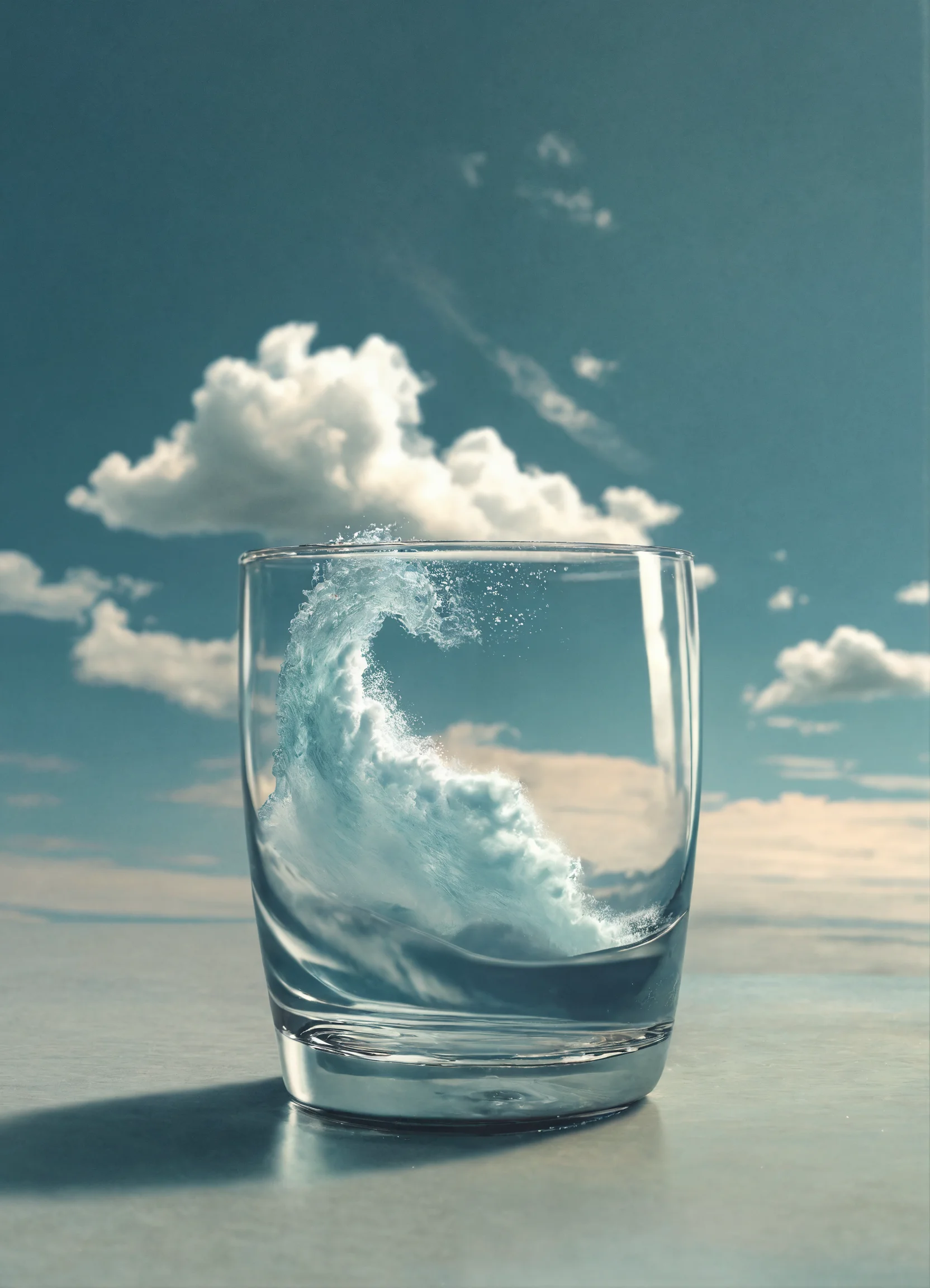 Lexica - A cloud gets sucked into an empty glass, turning into a wave ...